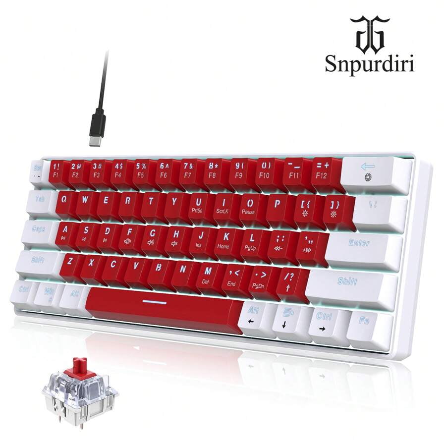 Snpurdiri Wired 60% Mechanical Gaming Keyboard, White LED Backlit Ultra ...