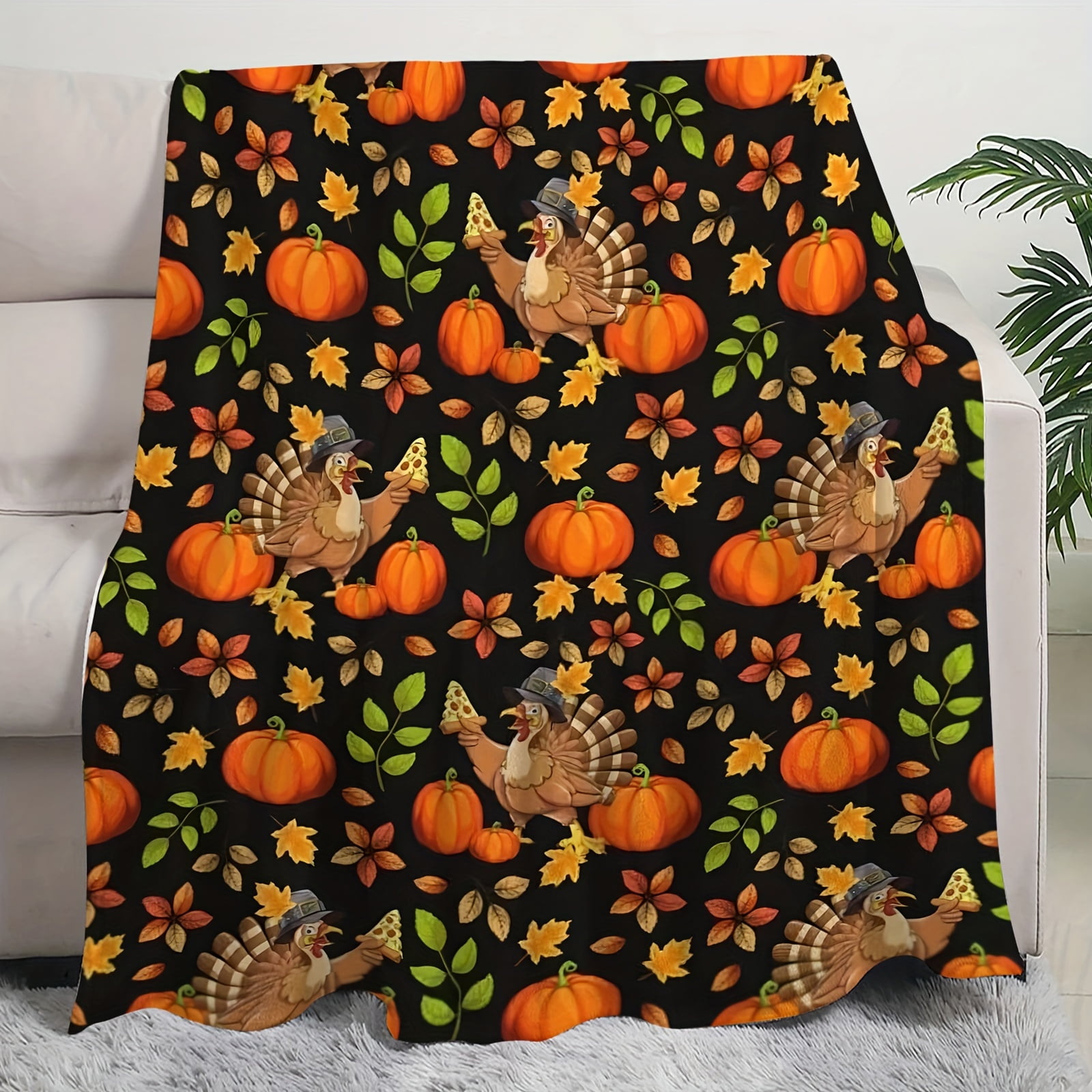 Snuggle-Ready Thanksgiving Turkey & Pumpkin Flannel Throw Blanket Soft ...