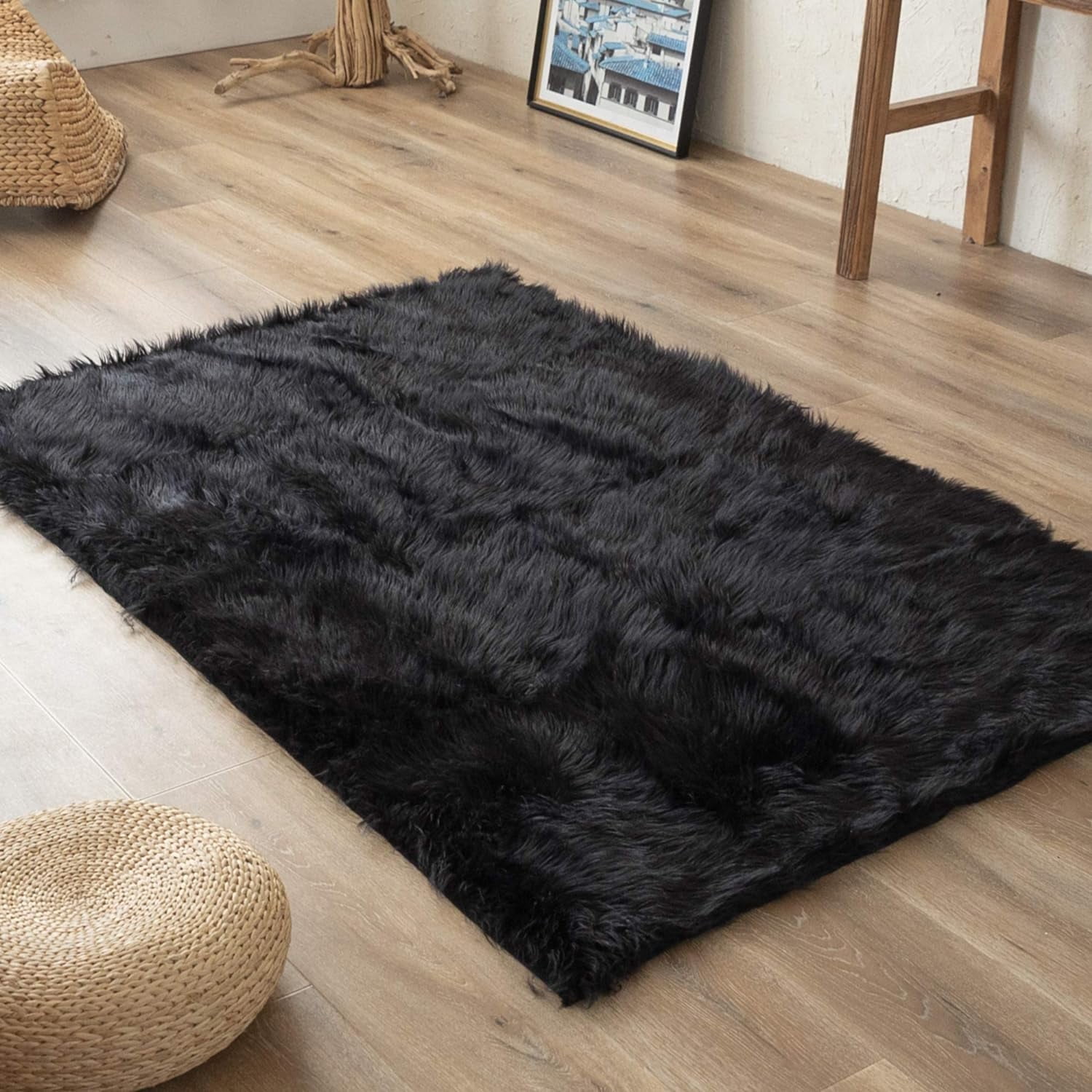 Snugtown Super Soft Black Faux Fur Area Rugs, Fuzzy Fluffy Sheepskin ...