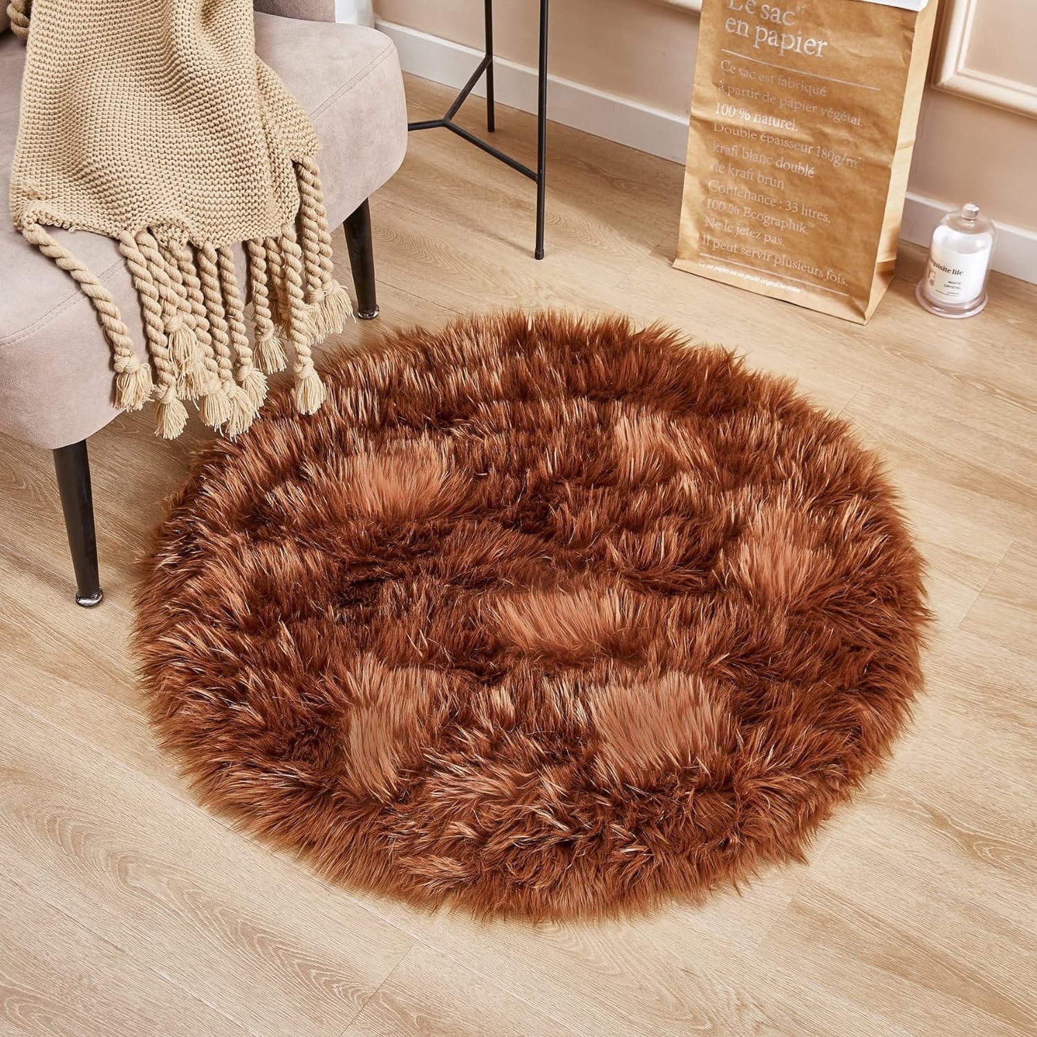 Snugtown Super Soft Brown Round Faux Fur Area Rugs, Fuzzy Fluffy ...
