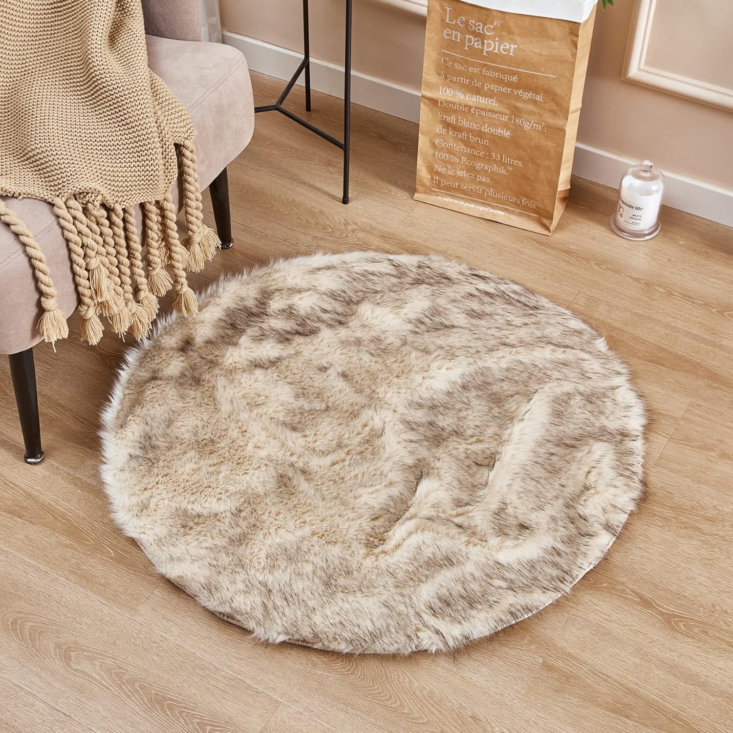 Snugtown Super Soft Cream with Black Tips Round Faux Fur Area Rugs ...