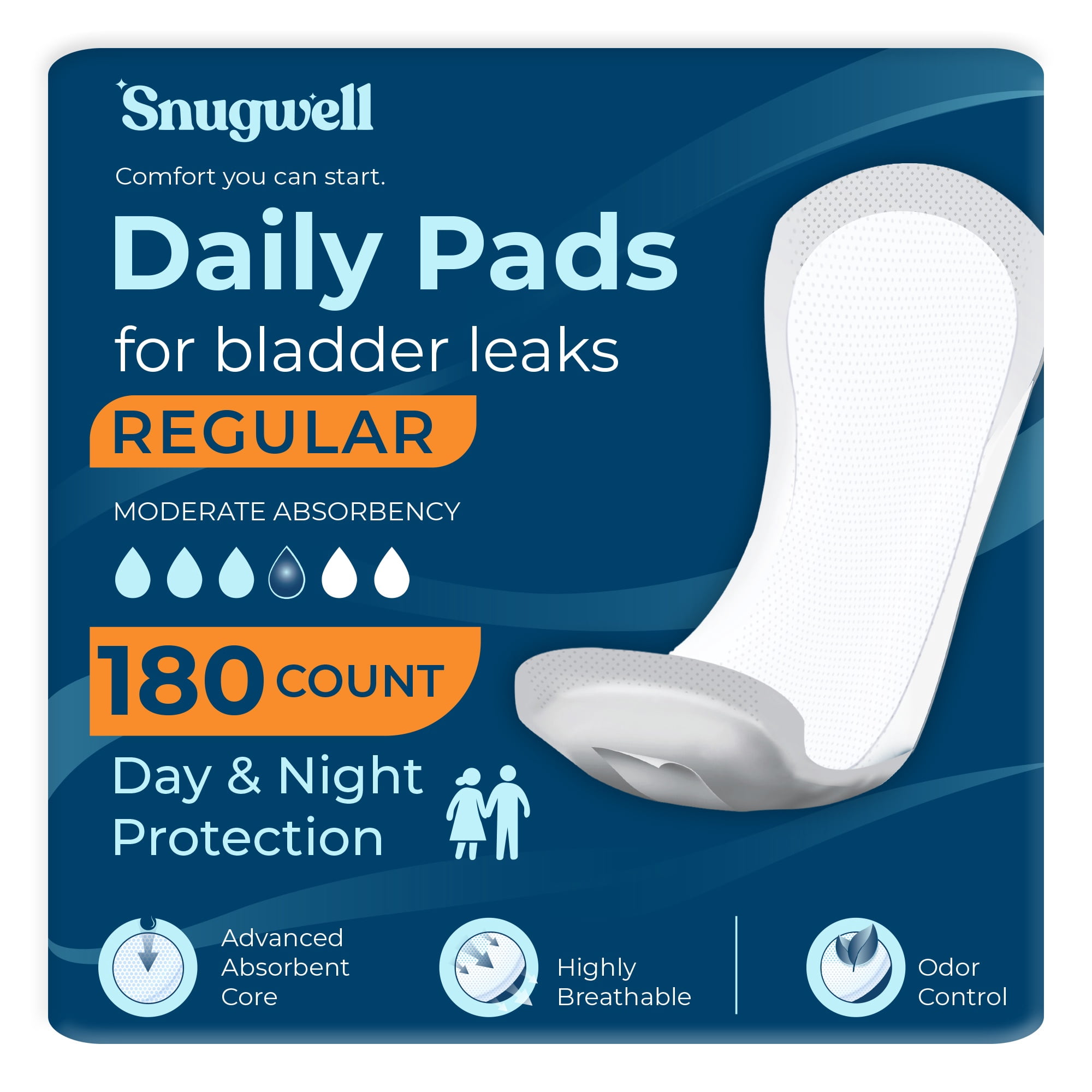 Snugwell Daily Pads for Bladder Leaks, Heavy Absorbency, 9.25 Inch, 180 ...