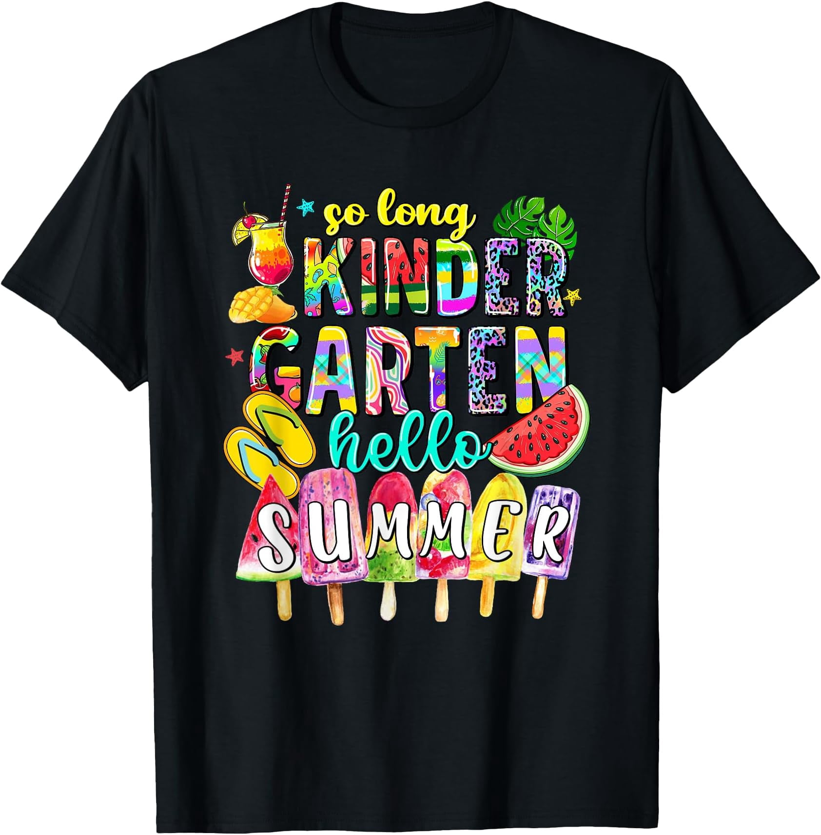 So Long Kindergarten Hello Summer Ice Cream Watermelon T-Shirt,Black ...