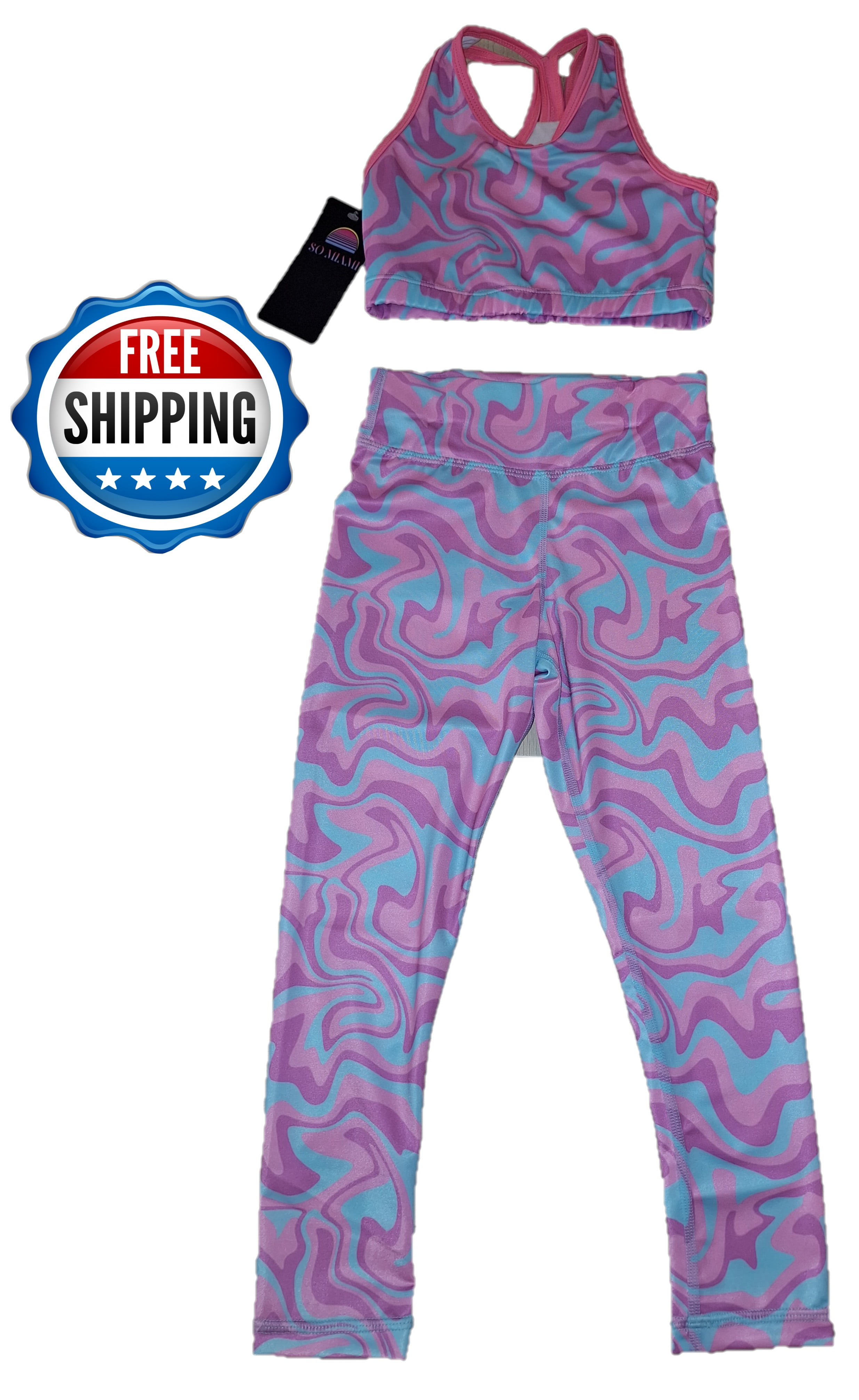 So Miami Activewear Little Girls' Blue Sheen Print Matching Set, Size 8 ...