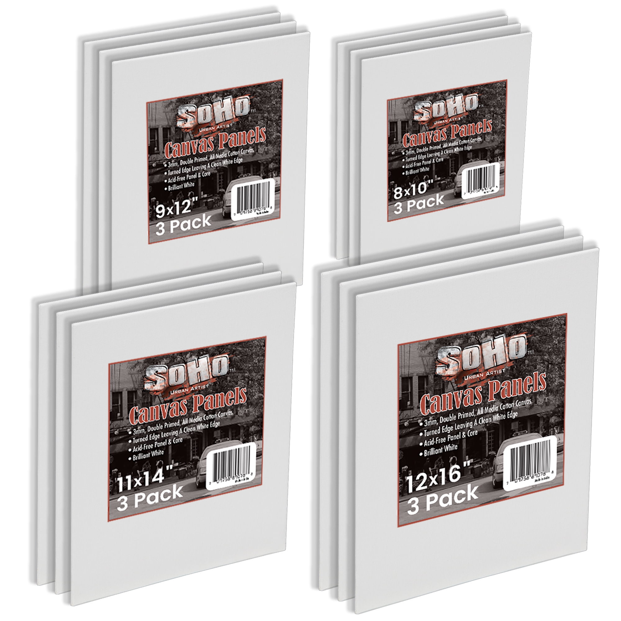 SoHo Artist Cotton Canvas All Media Panels Bundle - 12 Assorted Medium ...