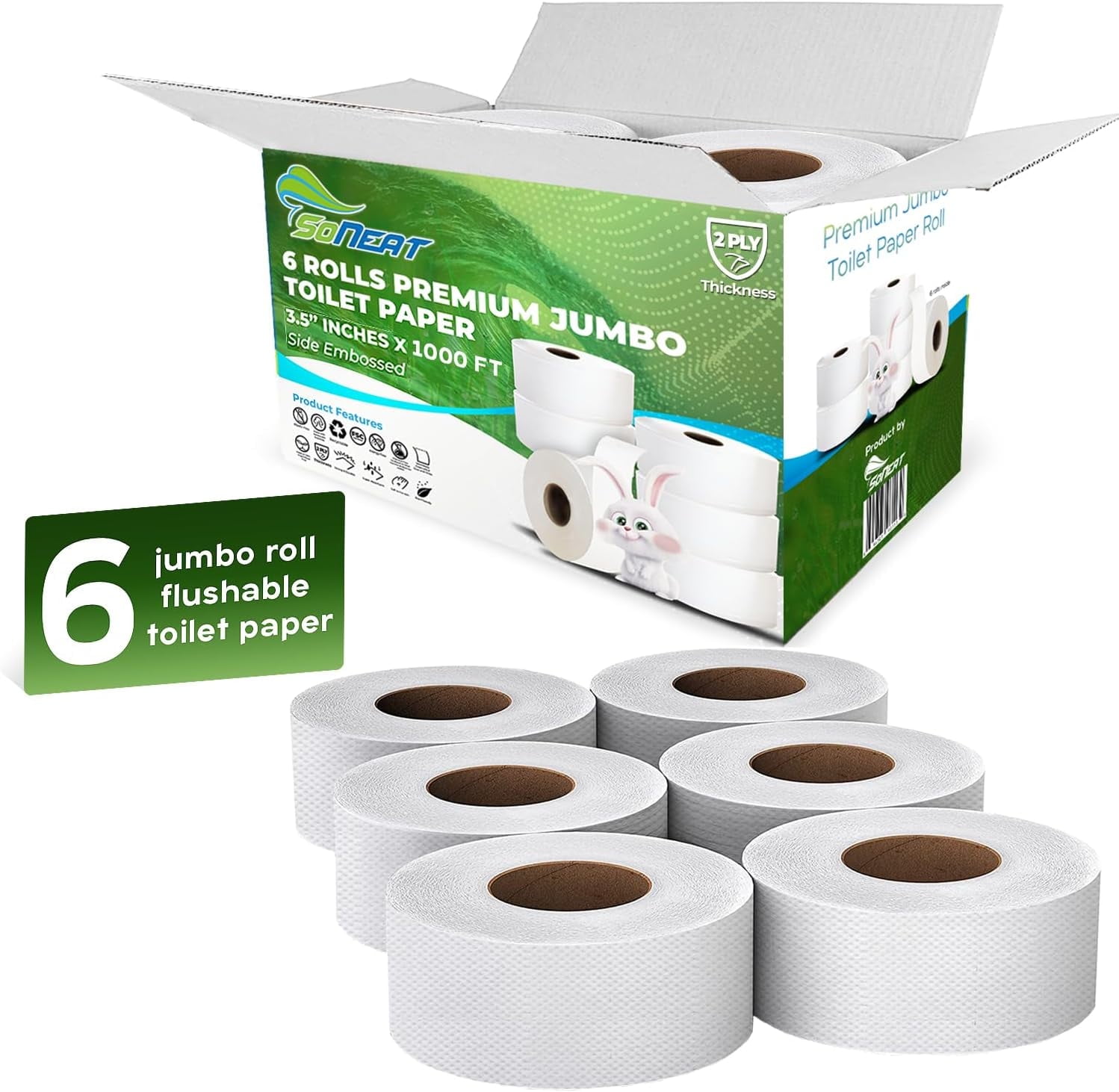 SoNeat 2-Ply Jumbo Toilet Paper Rolls, 9” Commercial Bathroom Tissue ...