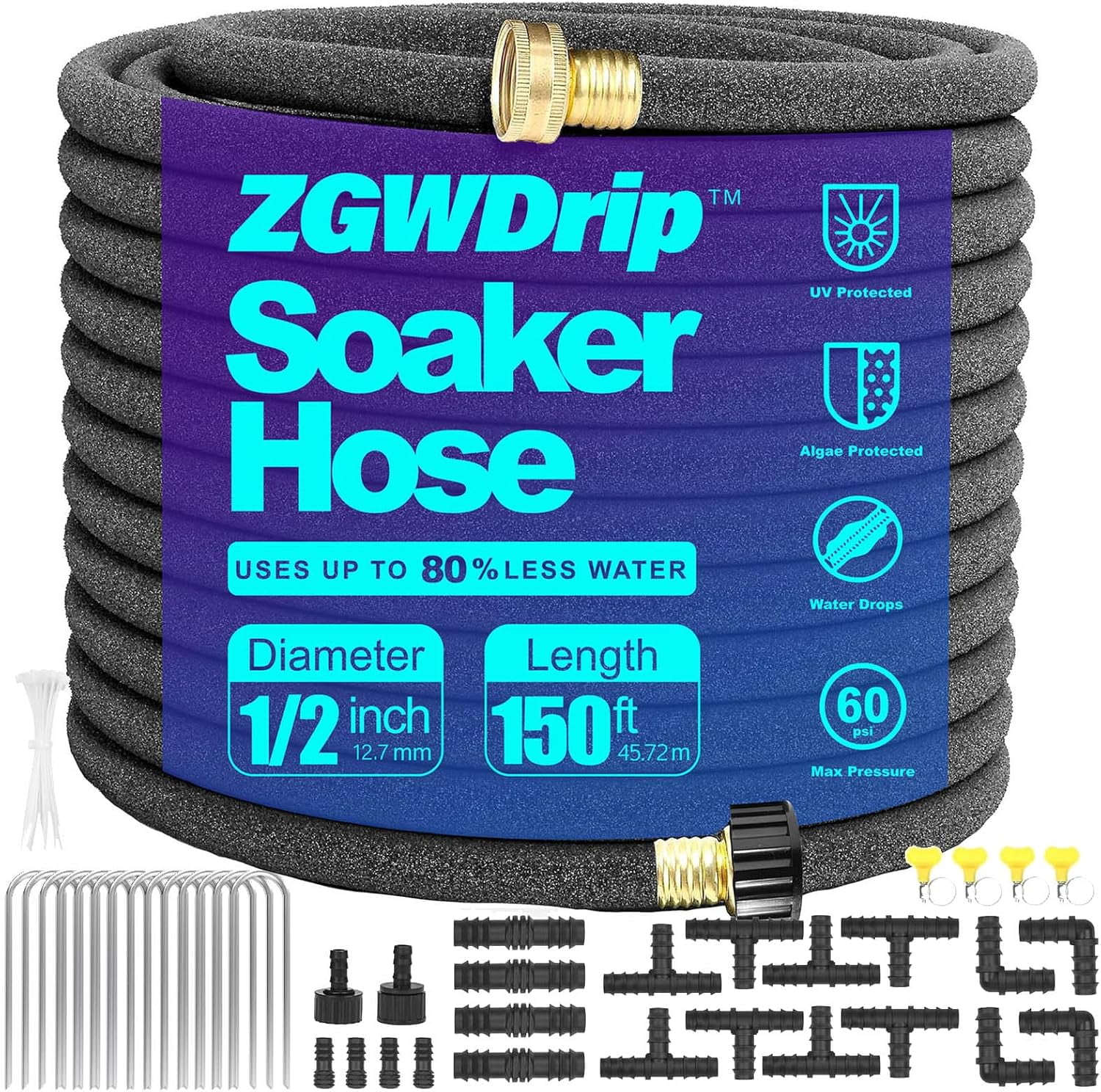 Soaker Hose 150 FT,1/2 Inch Soaker Garden Hose with 3/4" Solid Brass ...