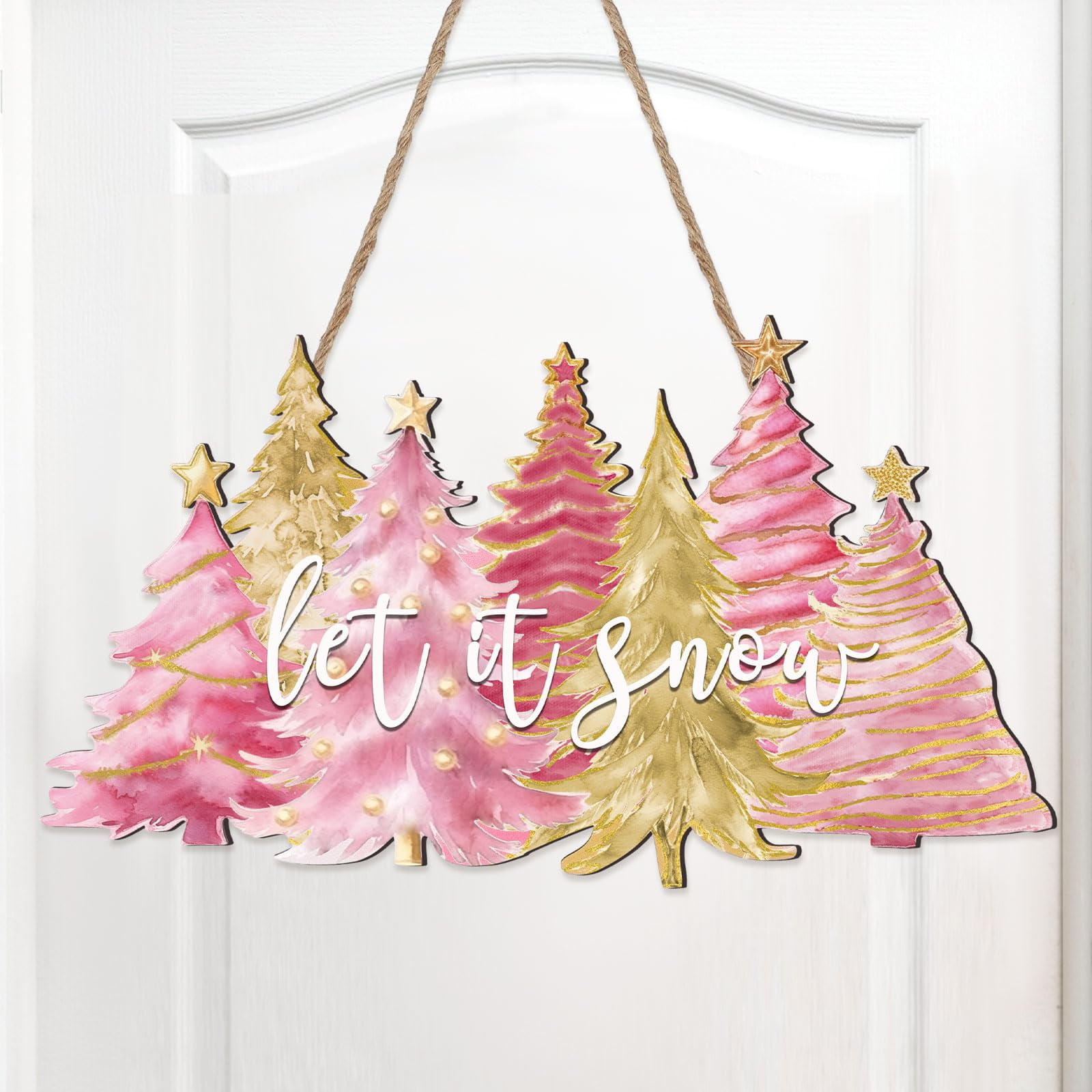 Soaoo Christmas Door Sign Pink Christmas Tree Wood Let It Snow ...