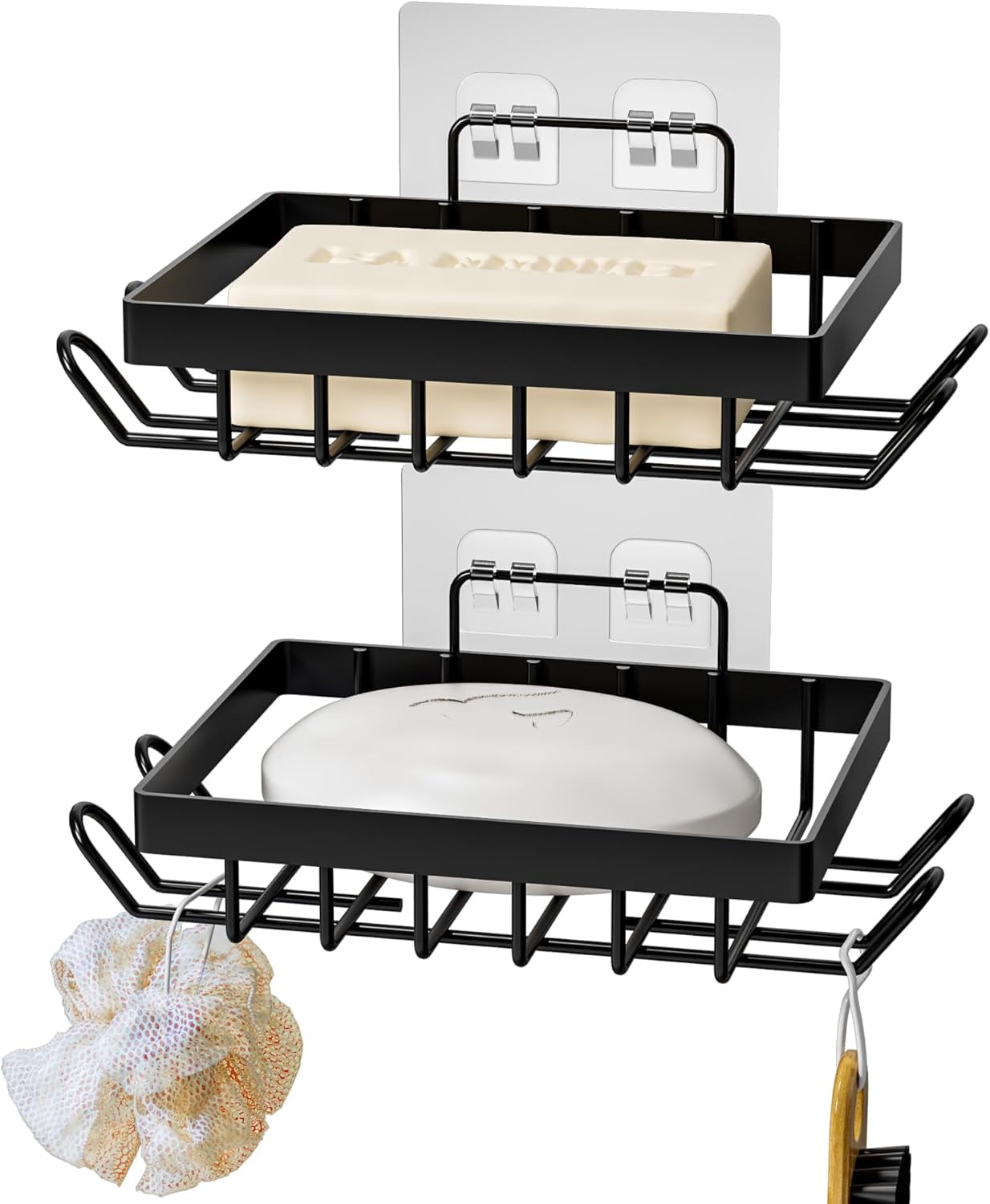 Soap Bar Holder for Shower with 8 Hooks, Set of 2 Bar Soap Dish for ...