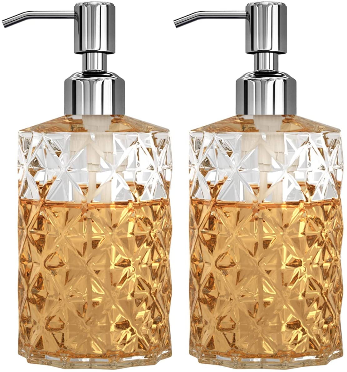 Soap Dispenser - 2 Pack, 12 Oz Clear Diamond Design Glass Refillable ...