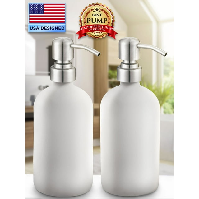 Soap Dispenser Set (2 Pack, White), Stylish Glass Bottles W/ Stainless ...