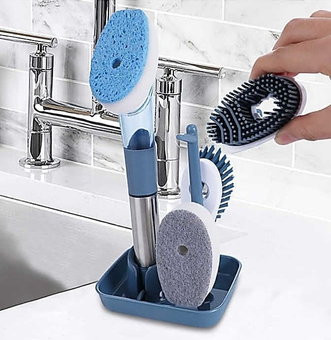 Soap-Dispensing Dish Washing Brush Set – Includes 4 Replaceable Heads ...