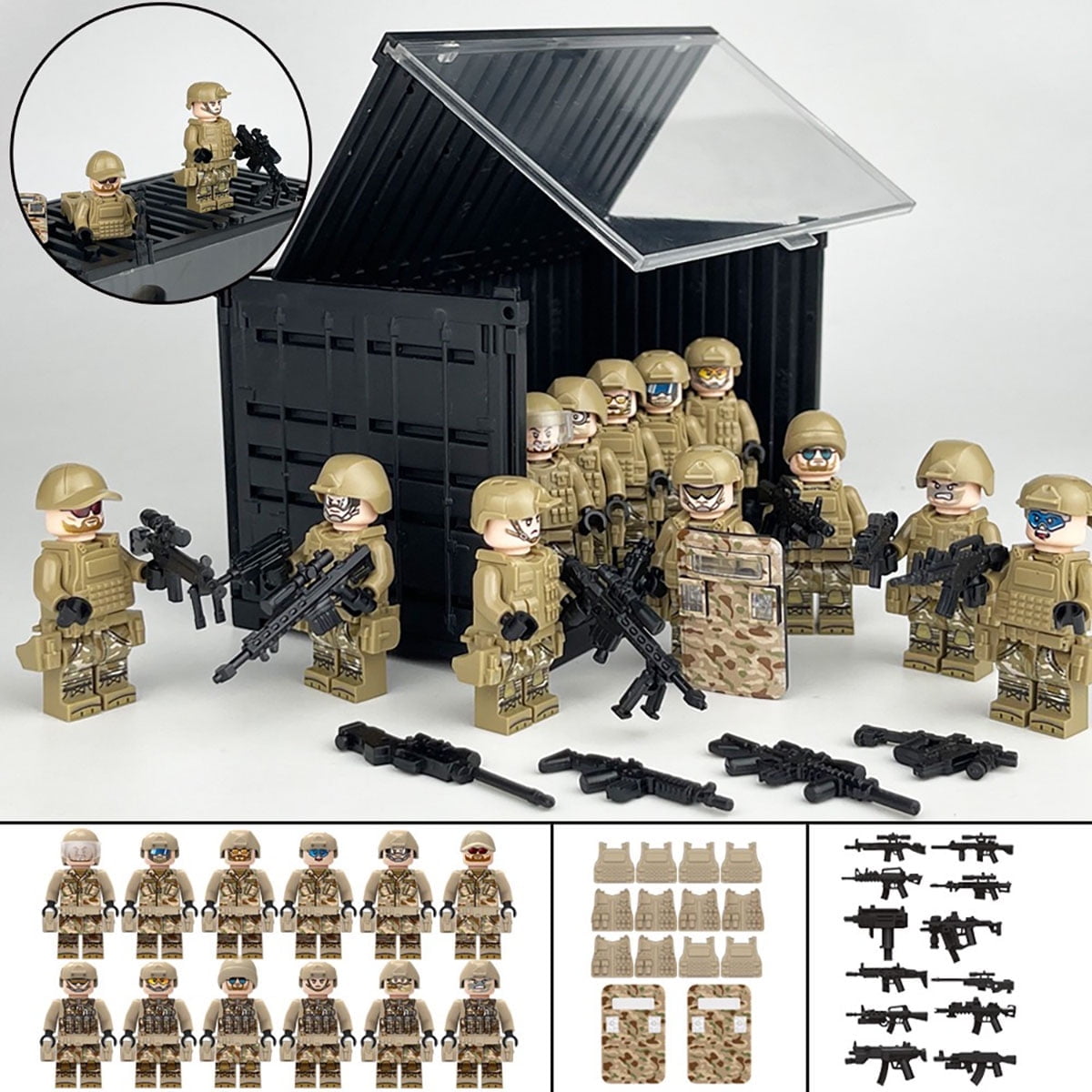 Soapjuice Elite Military Minifigure Set with Storage Container - Compatible with Building Block ...