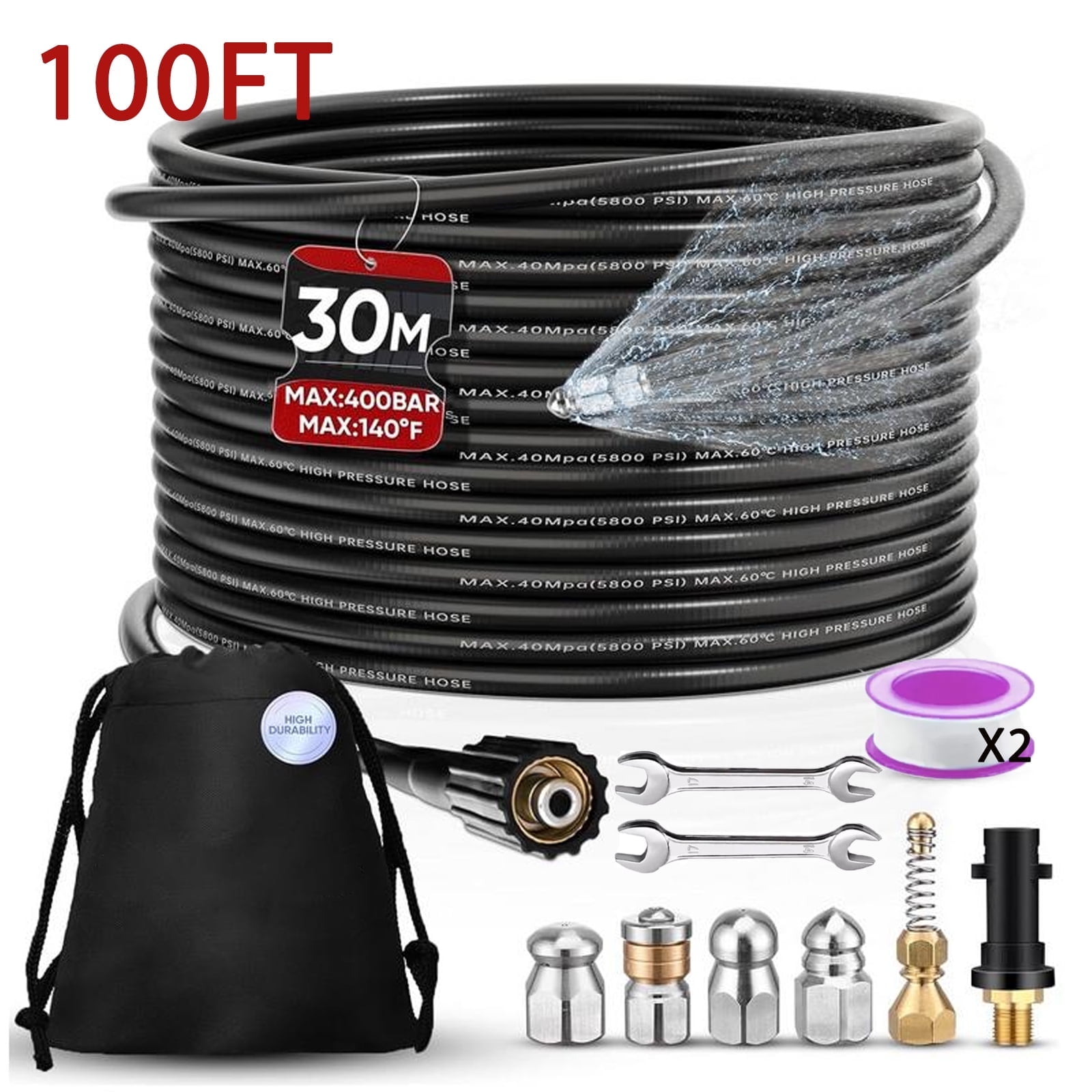 Soapow 100FT Sewer Jetter Kit for Pressure Washer, 5800PSI Water Jet Durable Drain Cleaner Hose ...
