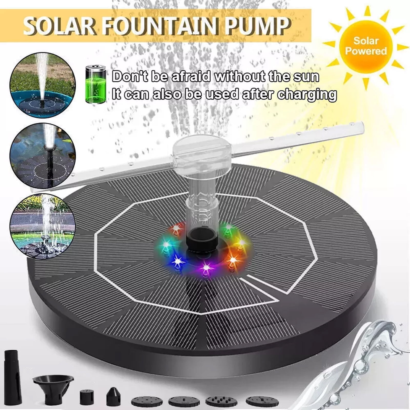 Soapow 8 LED Solar Fountain Pump, Bird Bath Fountains with Colorful ...