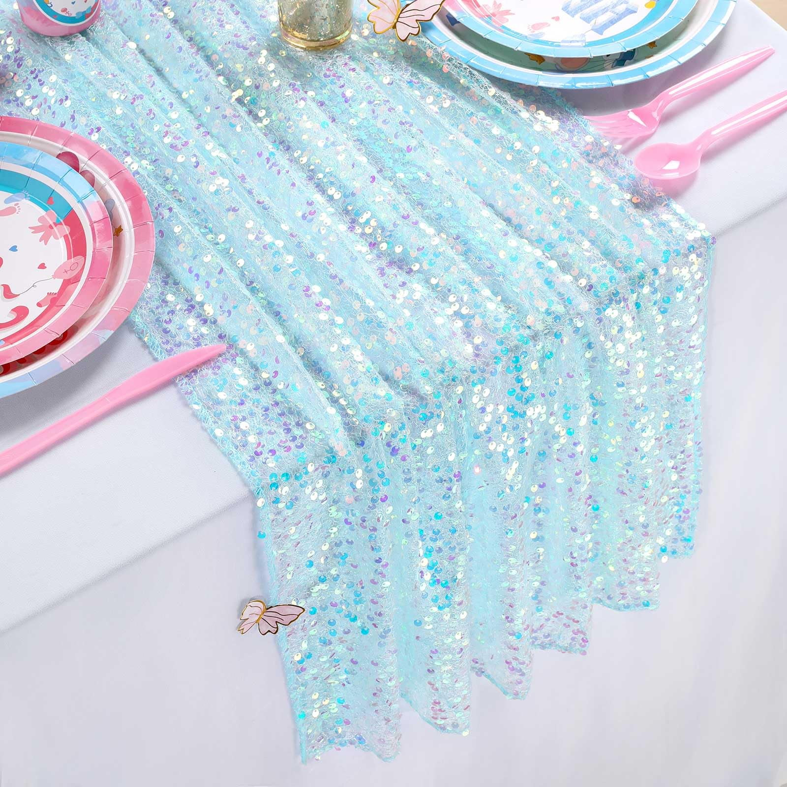 SoarDream 10FT Light Blue Table Runner Iridescent Table Runners for ...