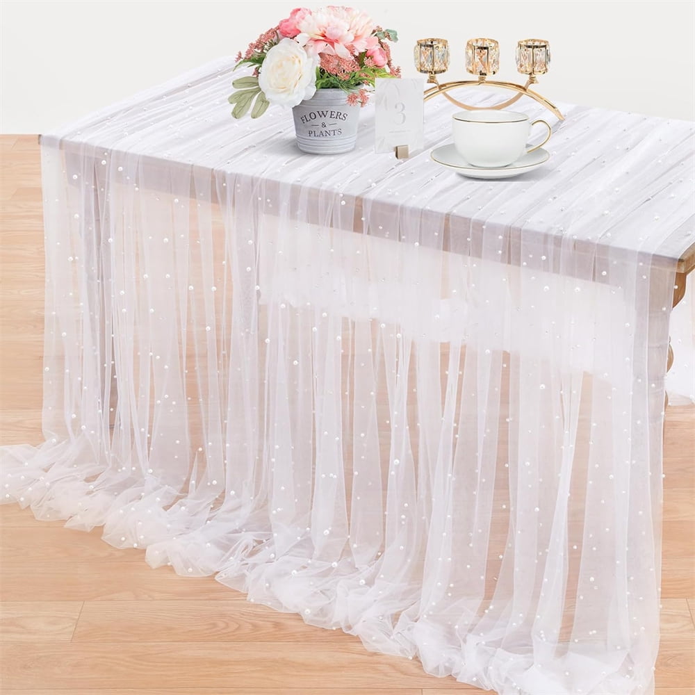 SoarDream 120 Inch White Pearl Tablecloth for Wedding Decor 10ft Tulle ...