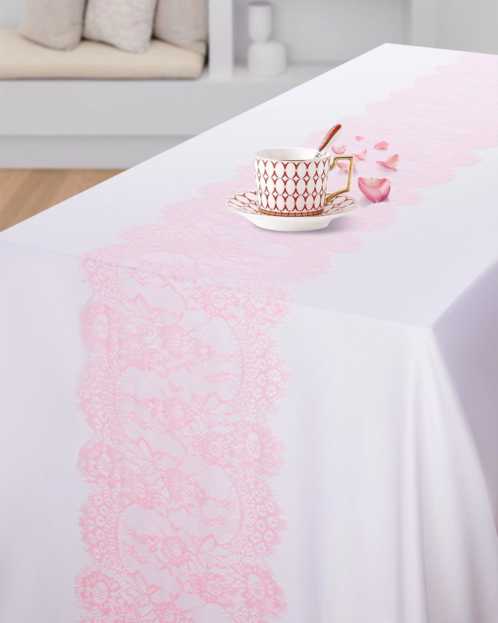 SoarDream 14x120 inches Long Pink Lace Table Runner for Rectangular ...