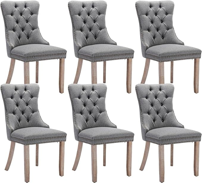 SoarFlash Linen Fabric Dining Chair Set of 6, Upholstered Tufted Dining ...