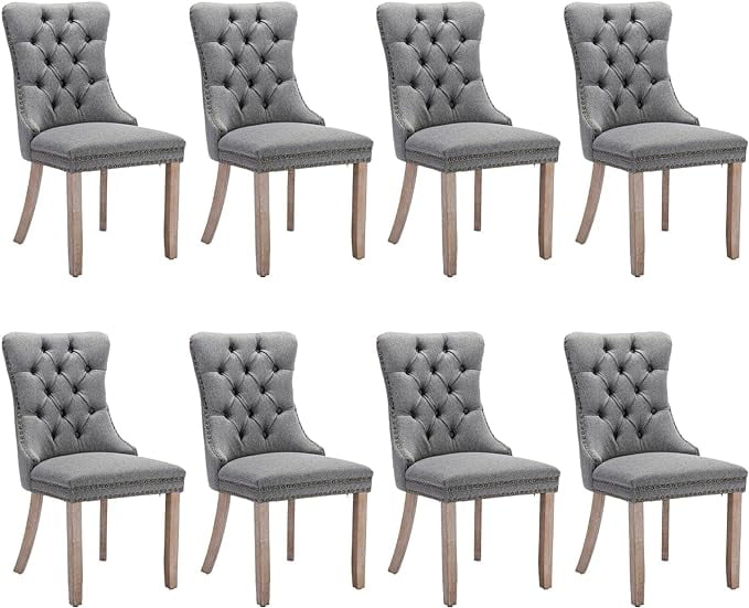 SoarFlash Linen Fabric Dining Chair Set of 8, Upholstered Tufted Dining ...