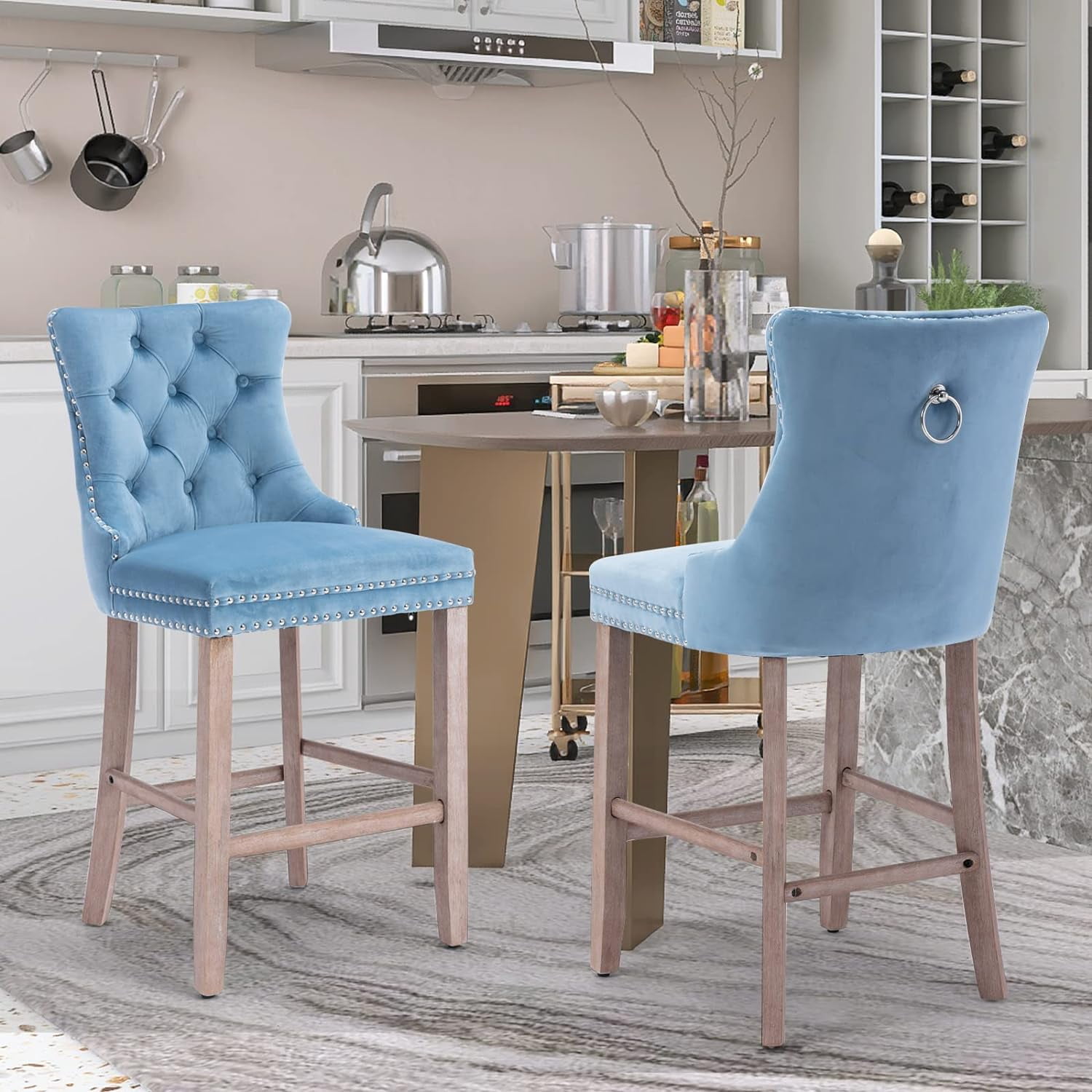 SoarFlash Modern Velvet Upholstered Bar Stools Set of 2 with Wood Legs ...