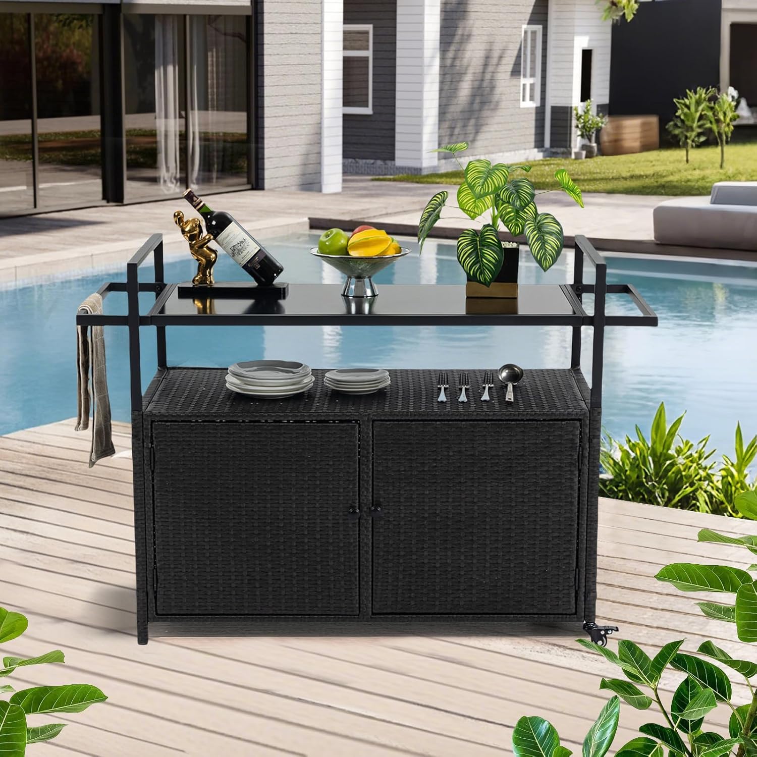 SoarFlash Outdoor Bar Cart with Storage and Wheels, Wicker Bar Table ...