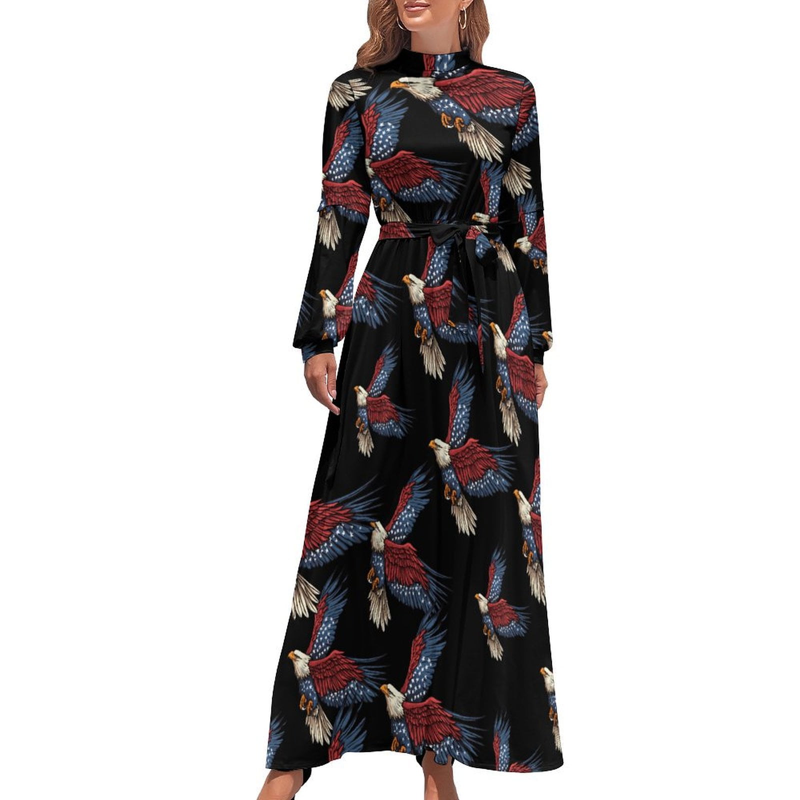 Soaring American Bald Eagle USA Flag Women's Fall Maxi Dress Long ...