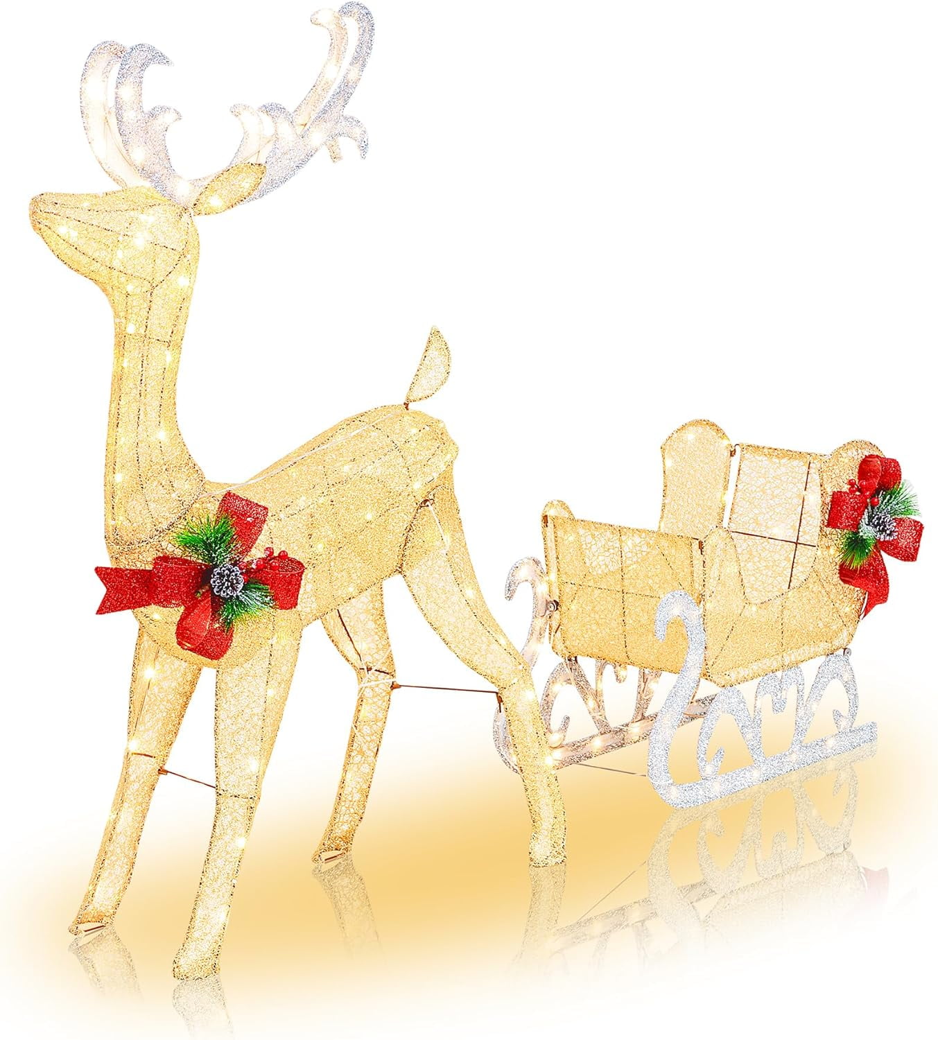 Sobaniilo Christmas Lighted Reindeer and Sleigh, LED Warm White Lights ...