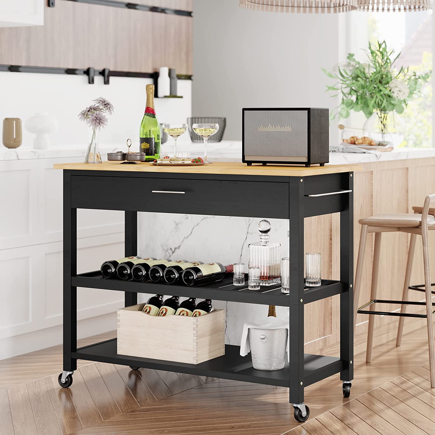 SOBANIILO Kitchen Island Cart, Rolling Side Table with Storage Cabinet ...