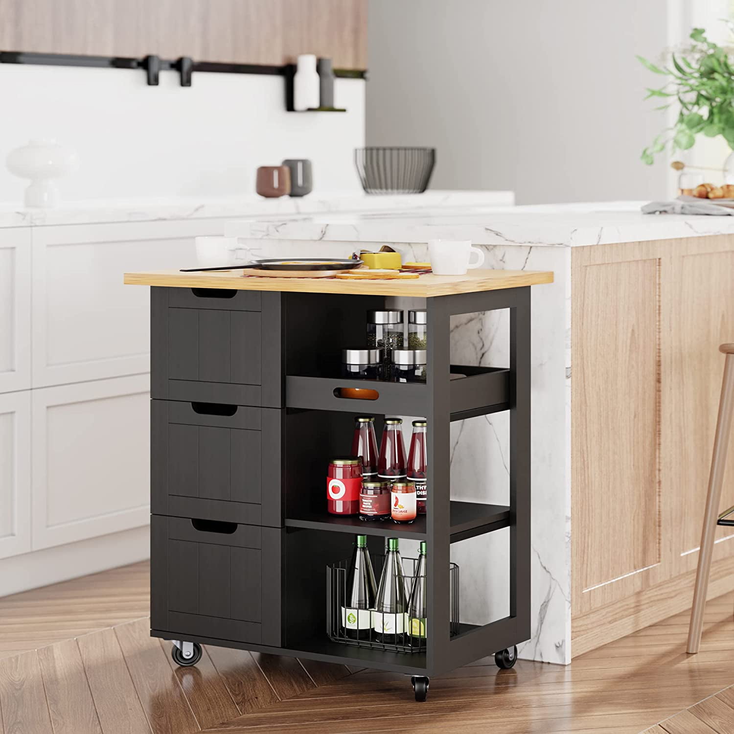 Sobaniilo Rolling Kitchen Island Cart with Storage, Durable Wood, 3 ...