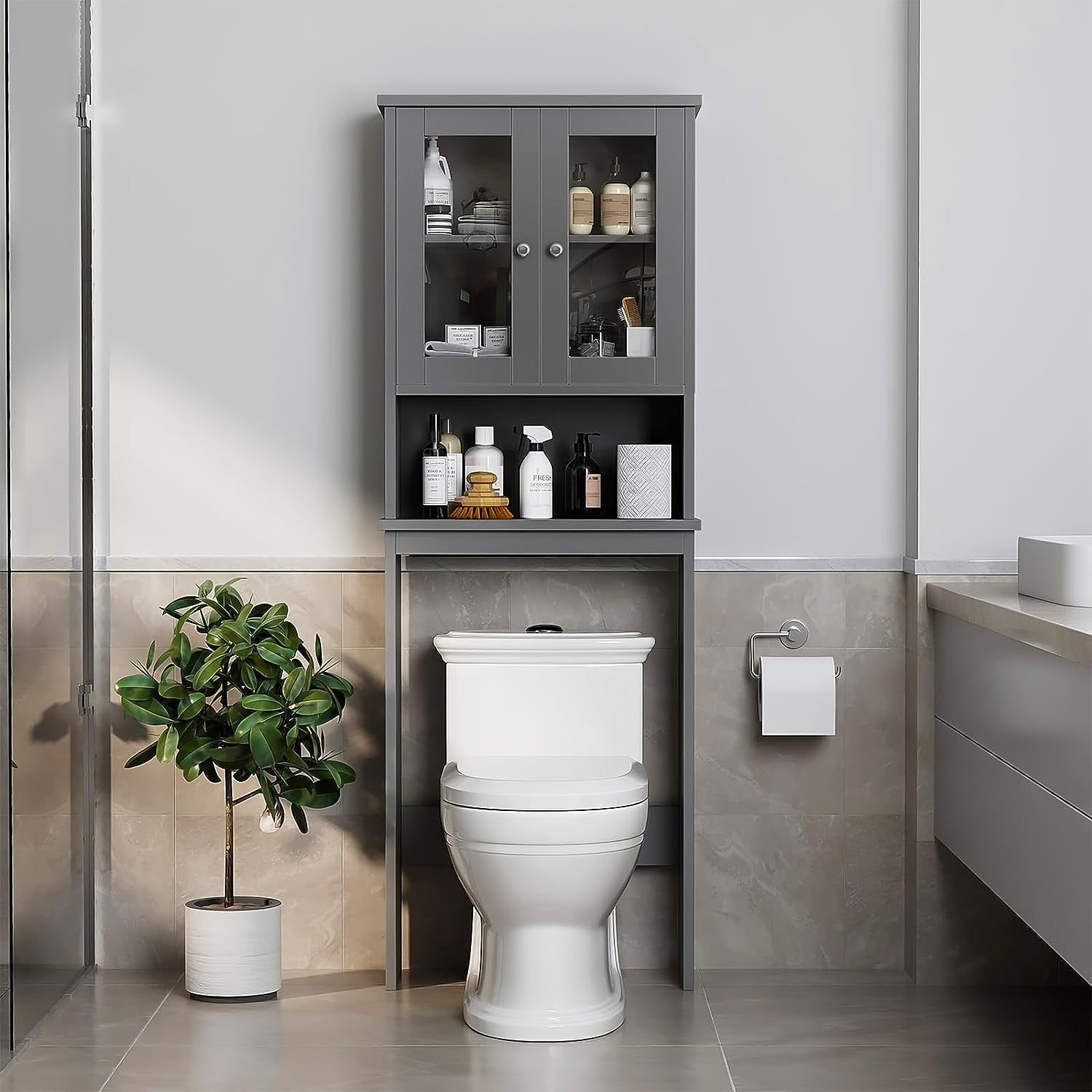 Sobaniilo Wood Tall Over Toilet Storage Cabinet, Bathroom Space Saver ...