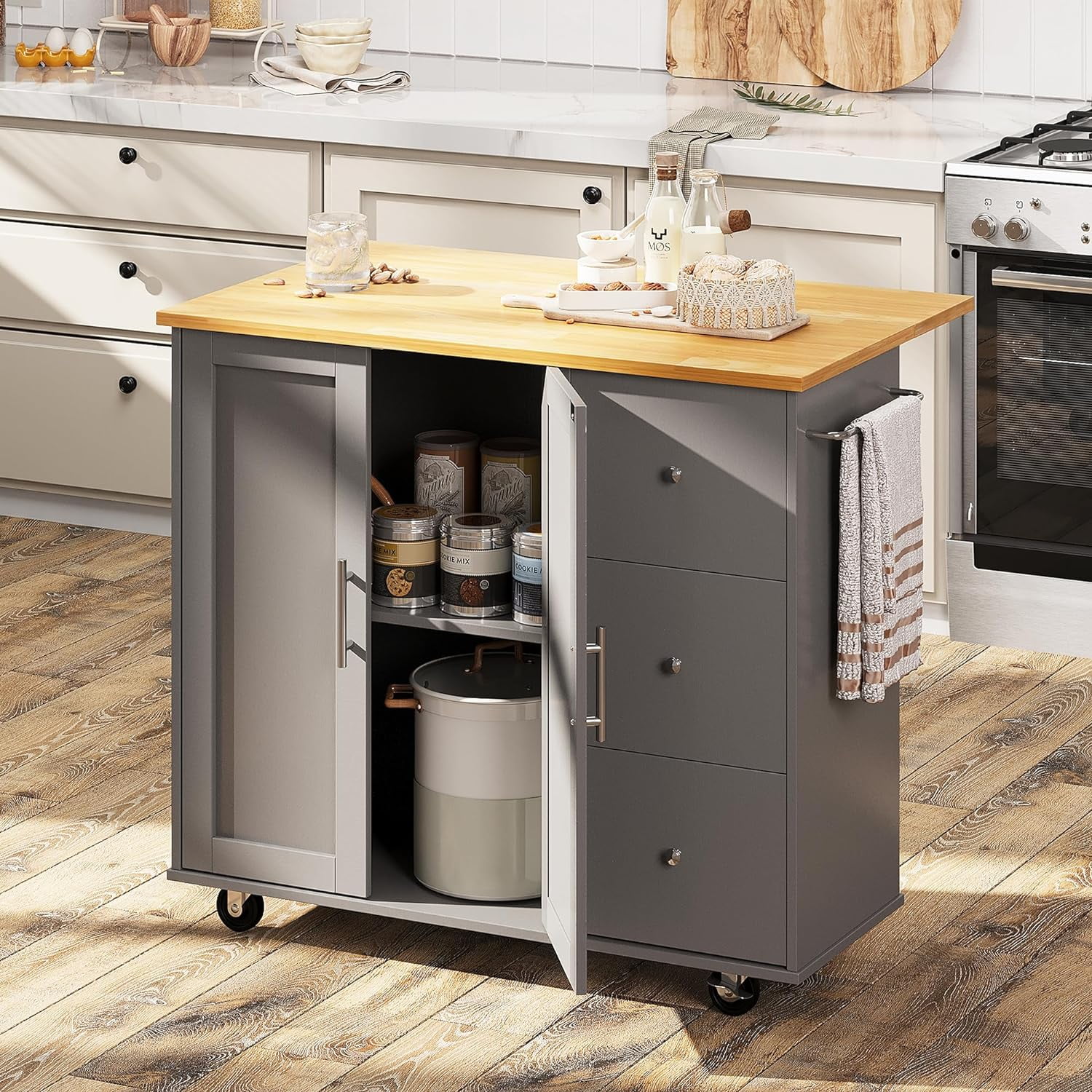 SOBANIILO Rolling Kitchen Island Cart, Folding Drop Leaf Breakfast Bar ...