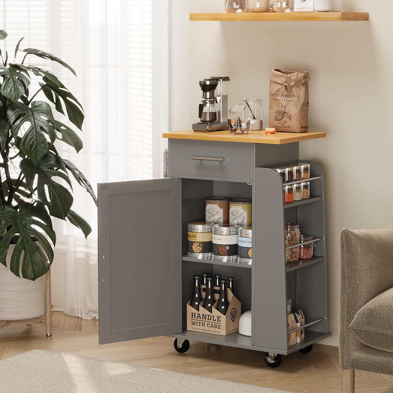 SOBANIILO Small Kitchen Island on Wheels, Rubber Wood Top, Grey, 3-Tier ...