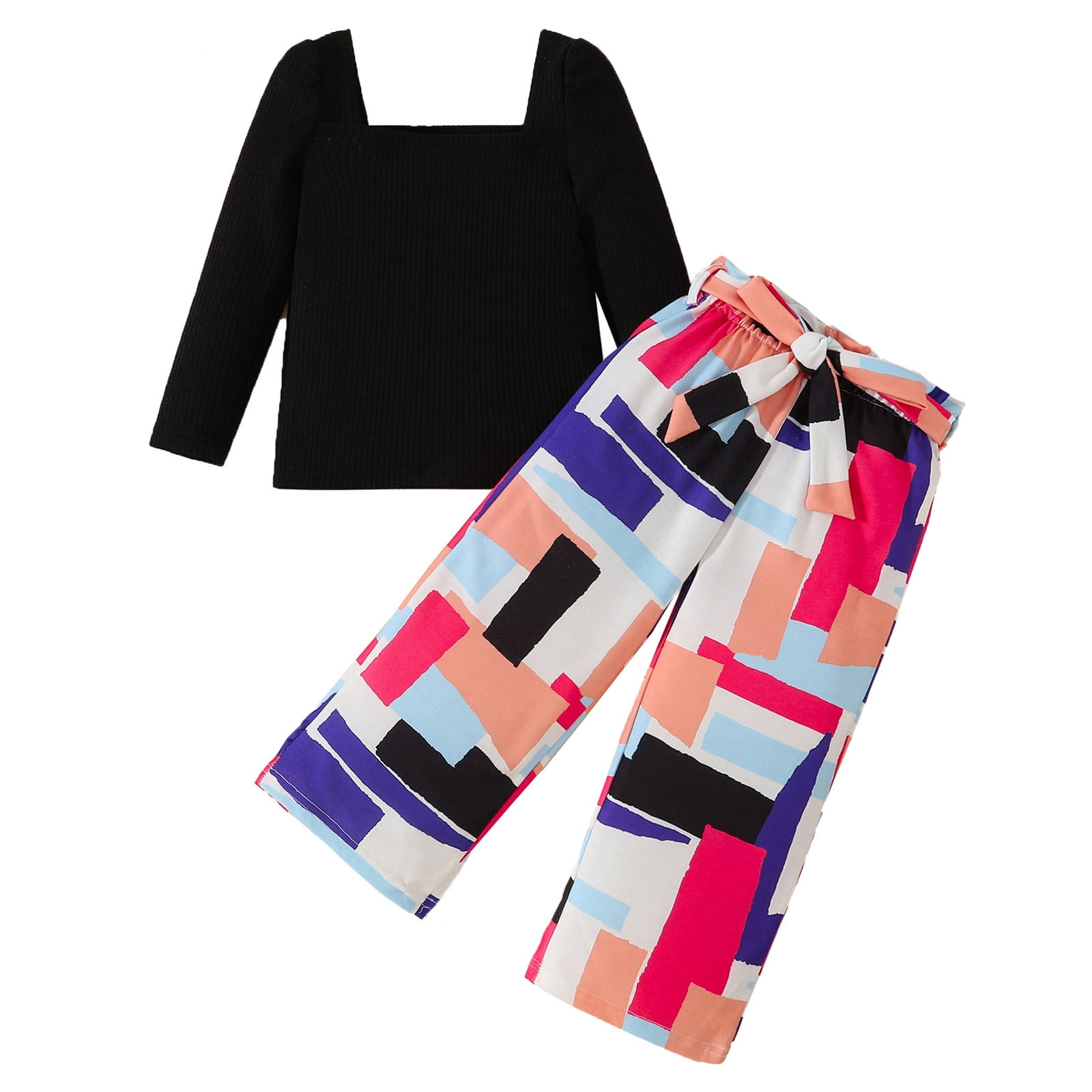 Sobgg25 Girls Outfits Set Child Girls Long SleeveSolid T Shirt Tops Bow ...