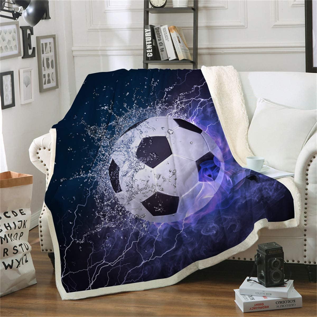 Socccer Throw Blanket Reversible Blue Flame Soccer Pattern Blanket for ...