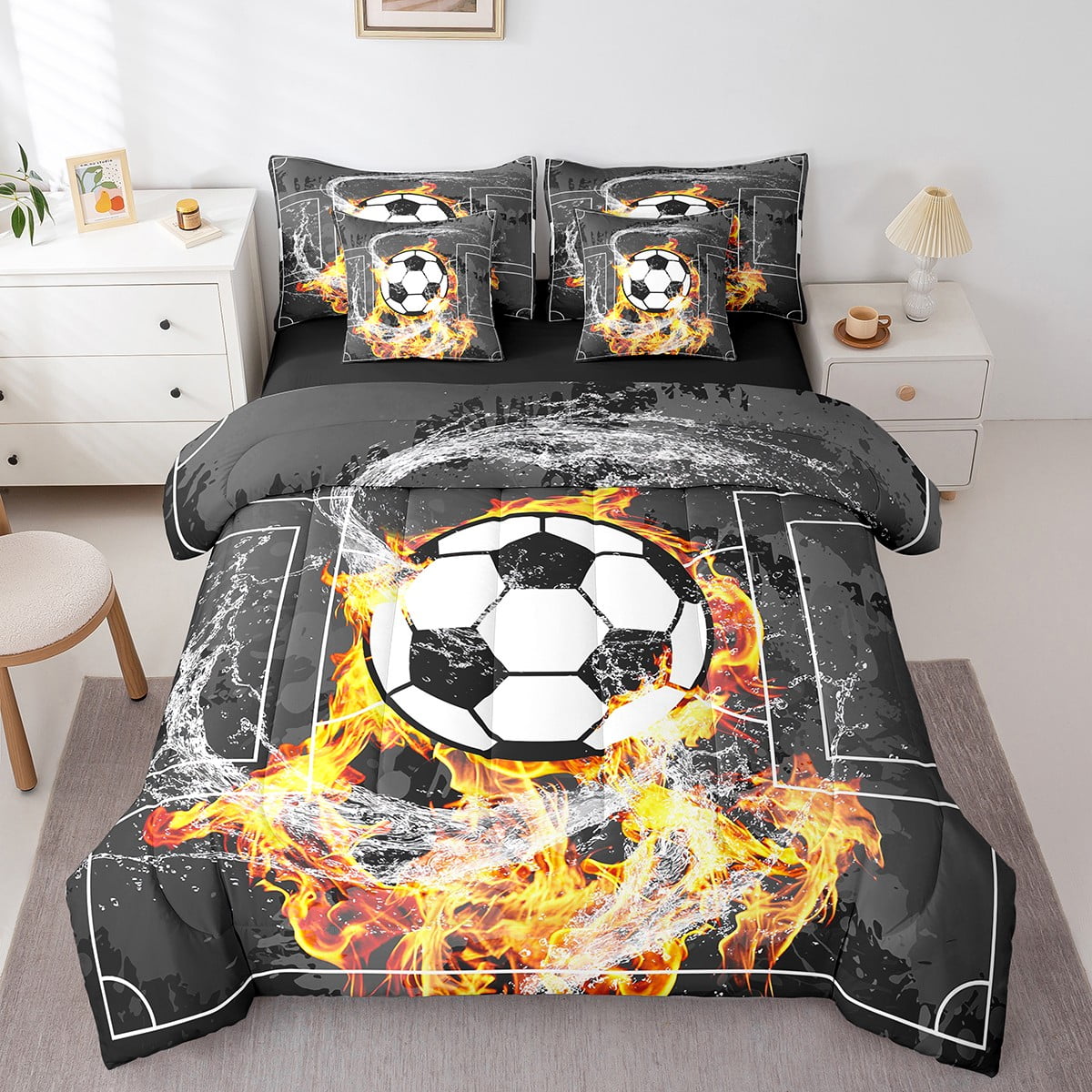 Soccer 7 Piece Comforter Set Queen Bed in a Bag,Football Field Bedding ...