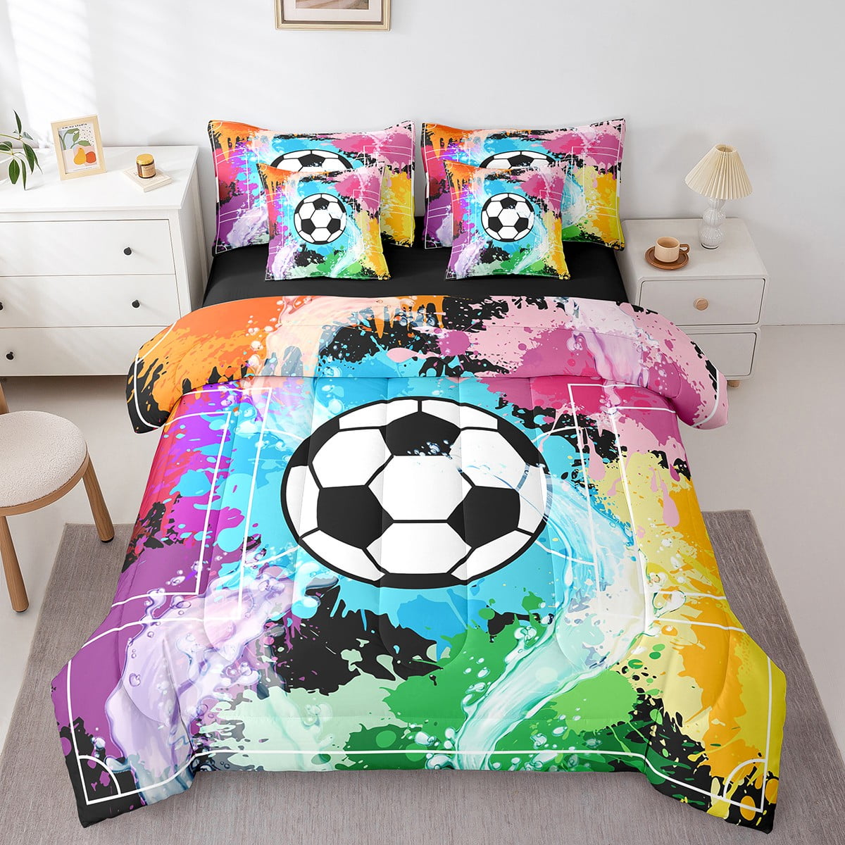 Soccer 7 Piece Comforter Set Queen Bed in a Bag,Football Field Soccer ...