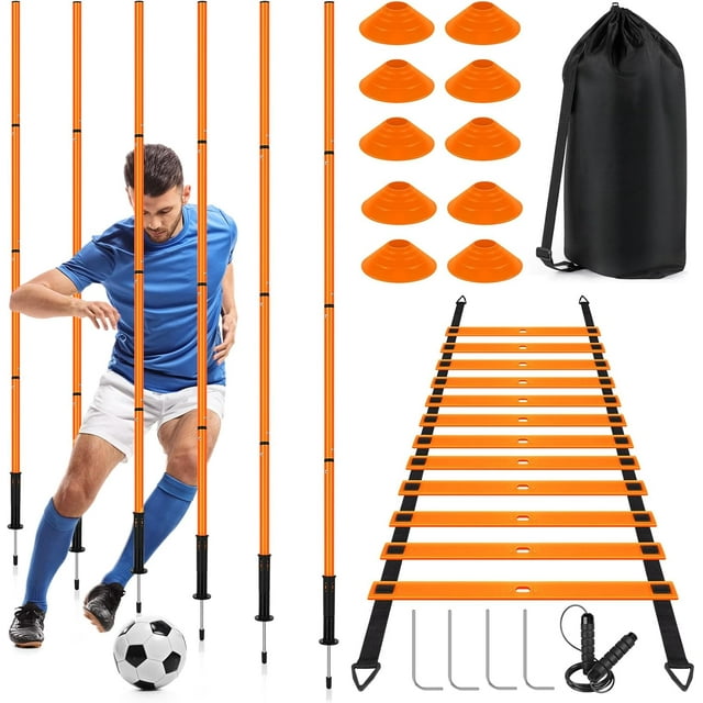Soccer Agility Training Equipment: 6 Soccer Agility Poles, 20ft Agility Ladder, 10 Soccer Cones ...