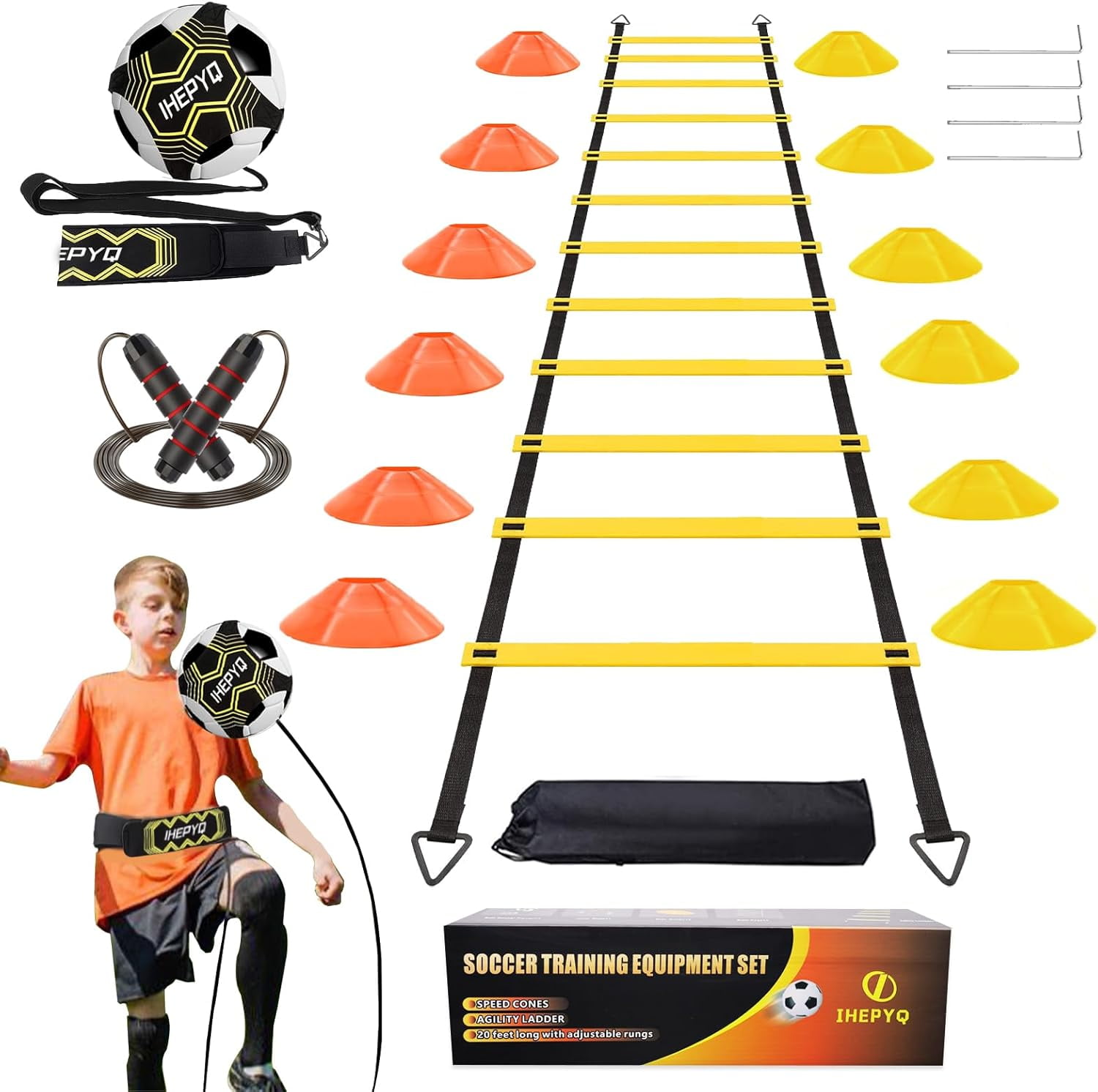 Soccer Agility Training Equipment Set, 12 Rung 20Ft Agility Ladder, 12 Disc Cones, 4 Steel ...