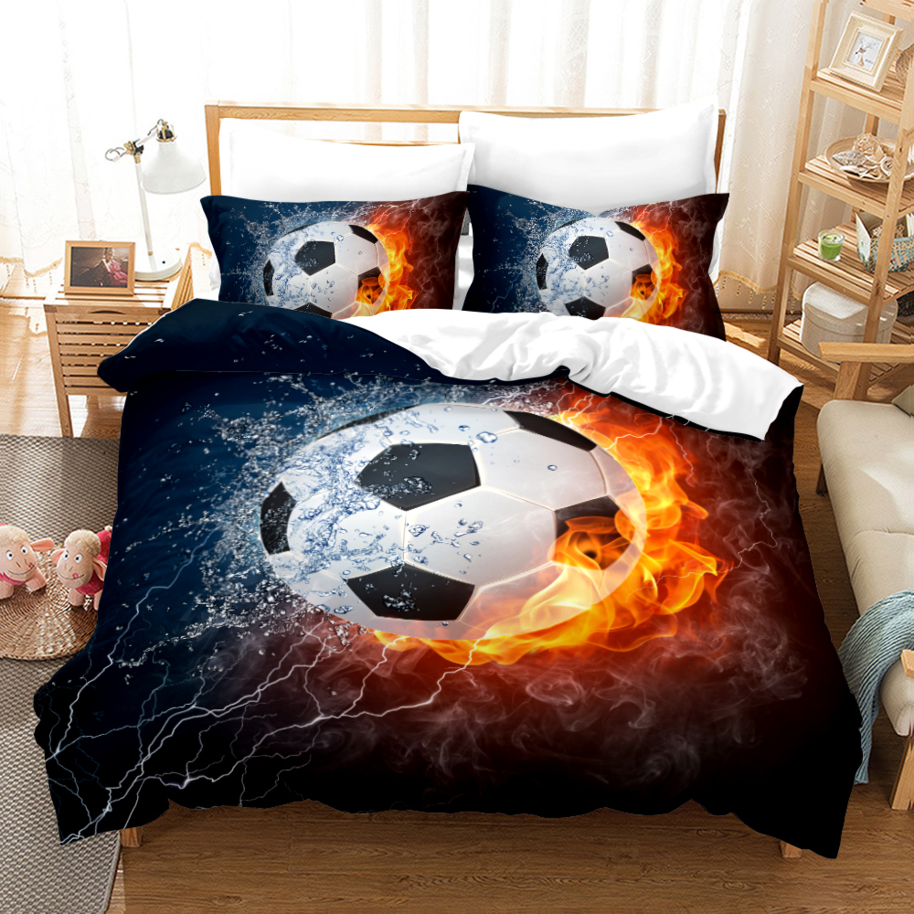 Soccer Ball Bedding Set with Flames Water & Lightning - Bold Eye ...