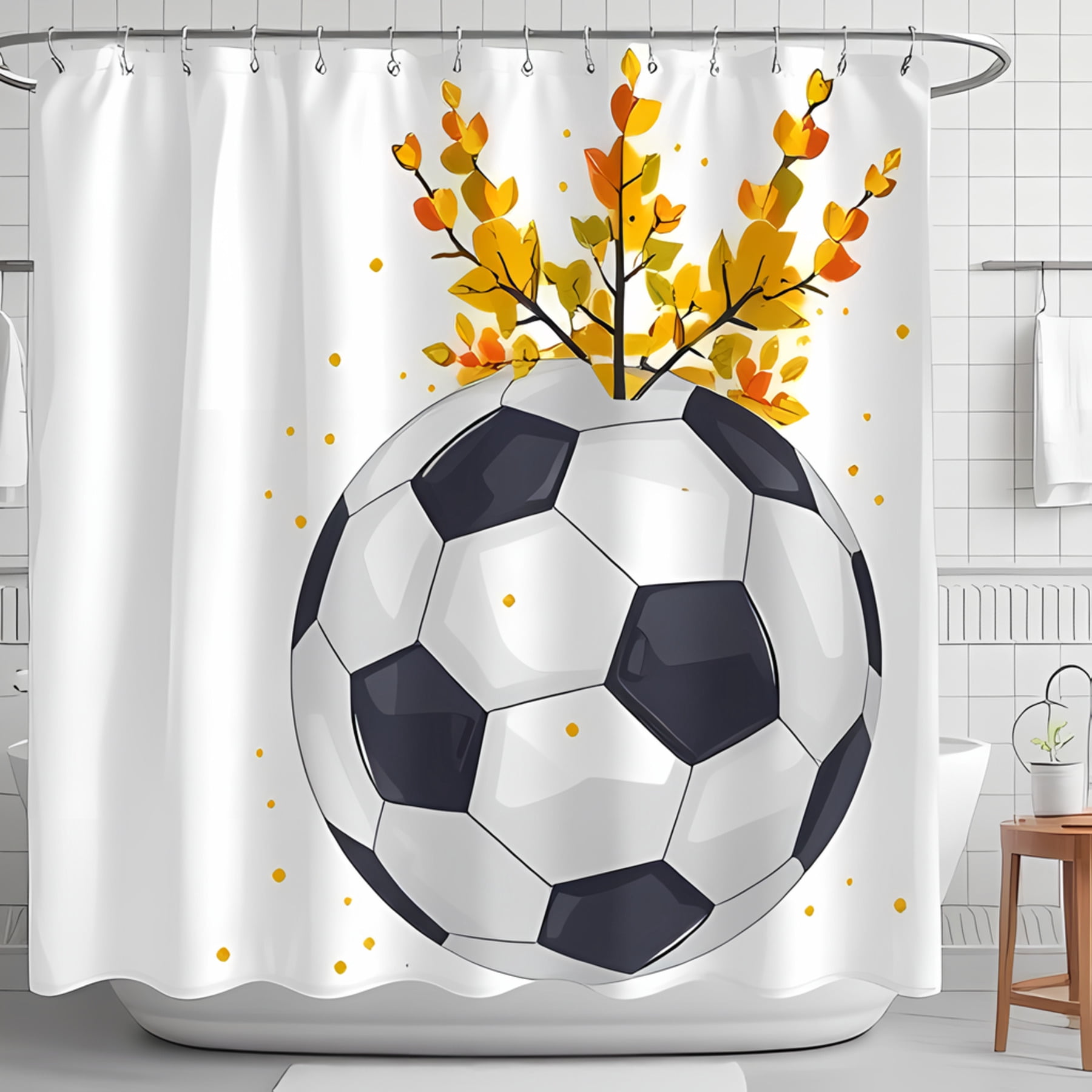 Soccer Ball Shower Curtain with Autumn Leaves - Glossy Black and White ...