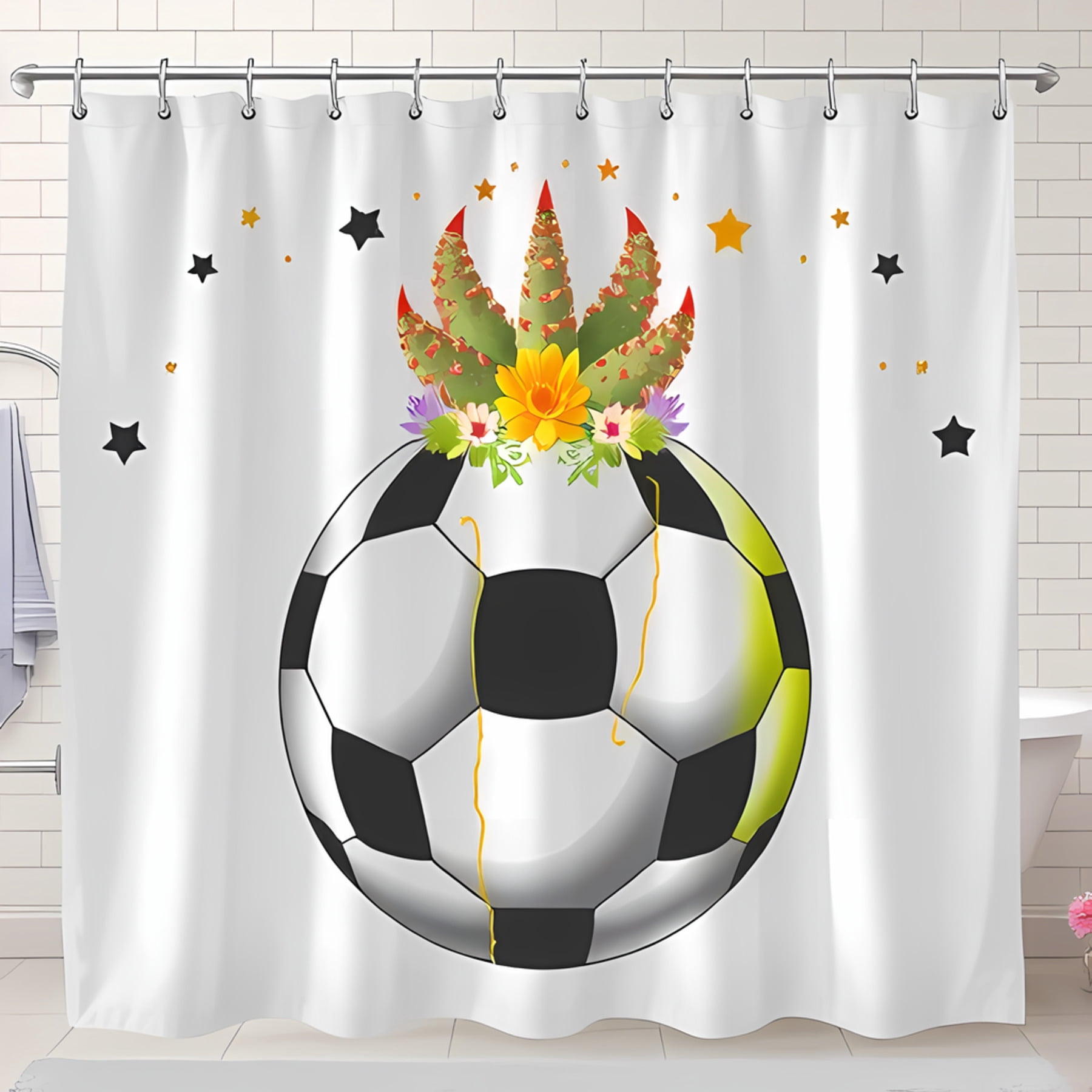 Soccer Ball Shower Curtain with Cactus Crown Floral Accents & Star ...