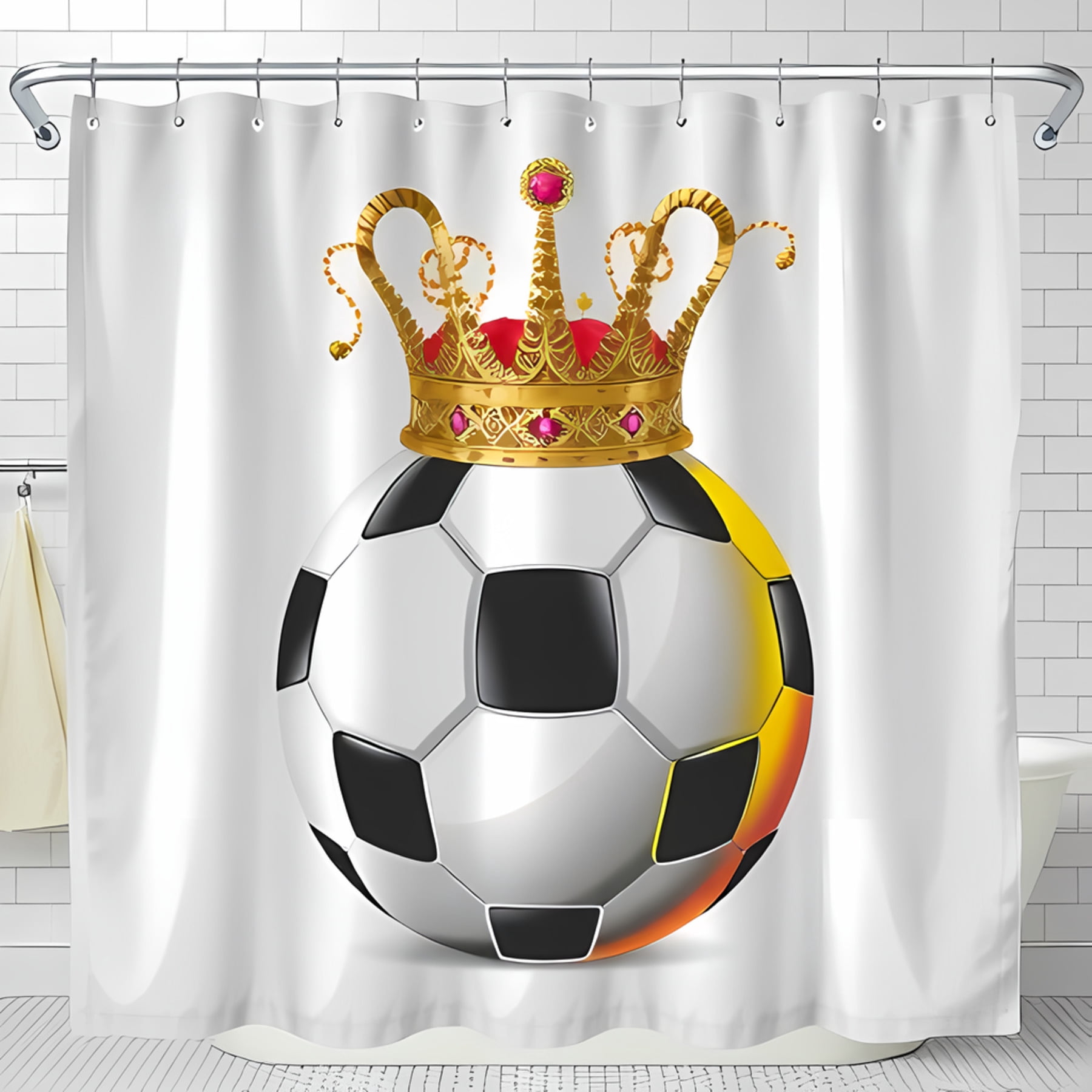 Soccer Ball Shower Curtain with Golden Crown & Red Jewels - Stylish ...