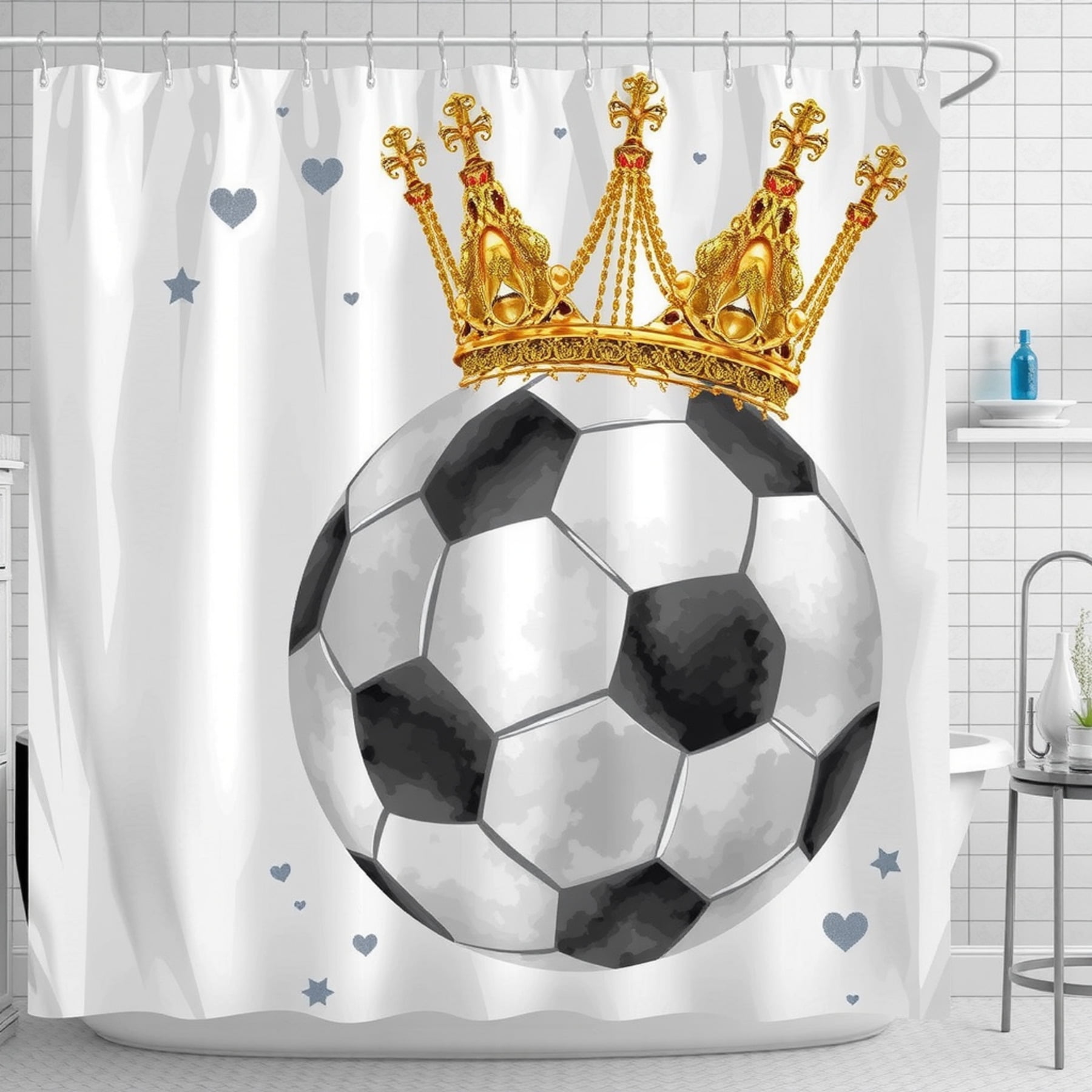 Soccer Ball Shower Curtain with Golden Crown & Whimsical Hearts ...