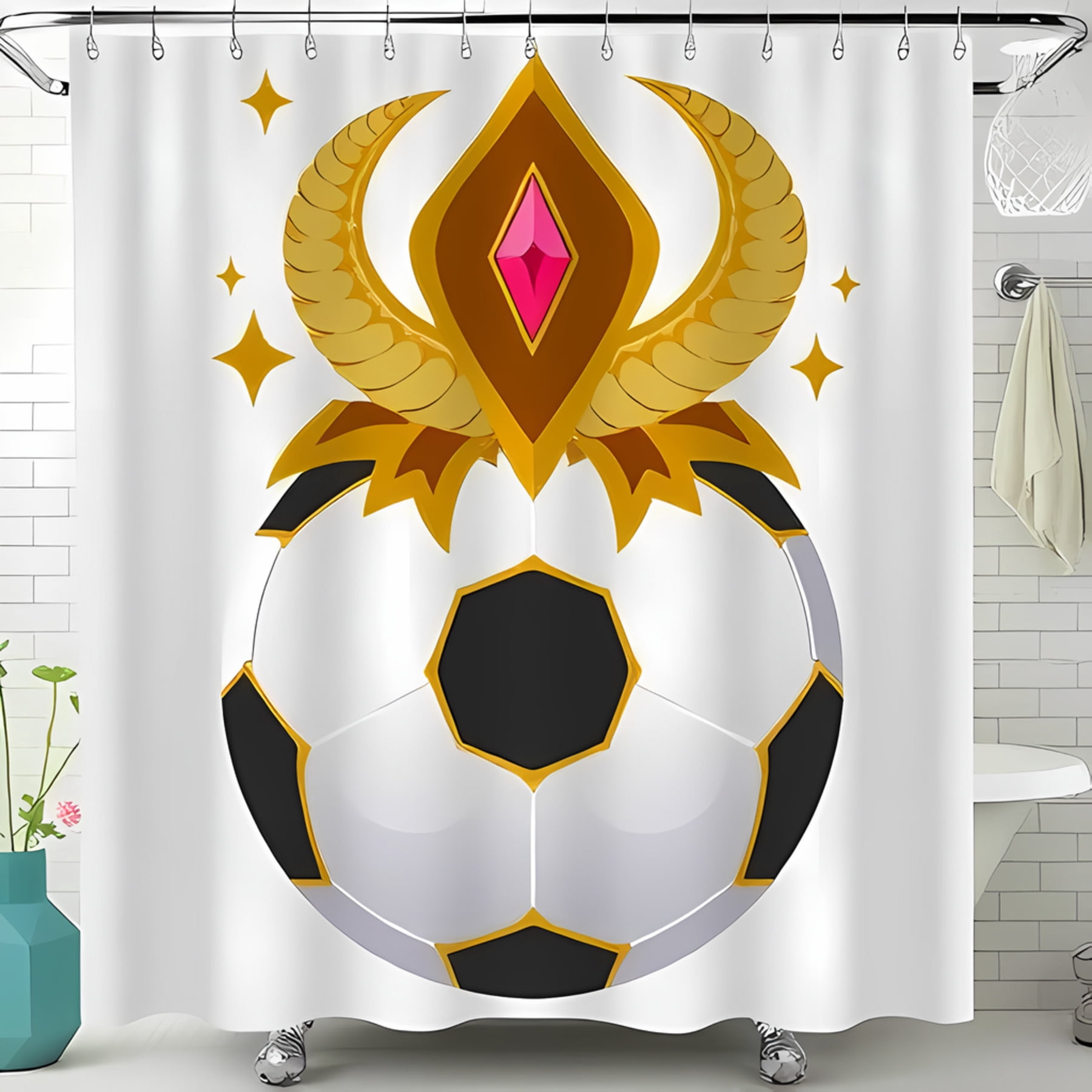 Soccer Ball Shower Curtain with Golden Winged & Pink Gemstone Unique ...