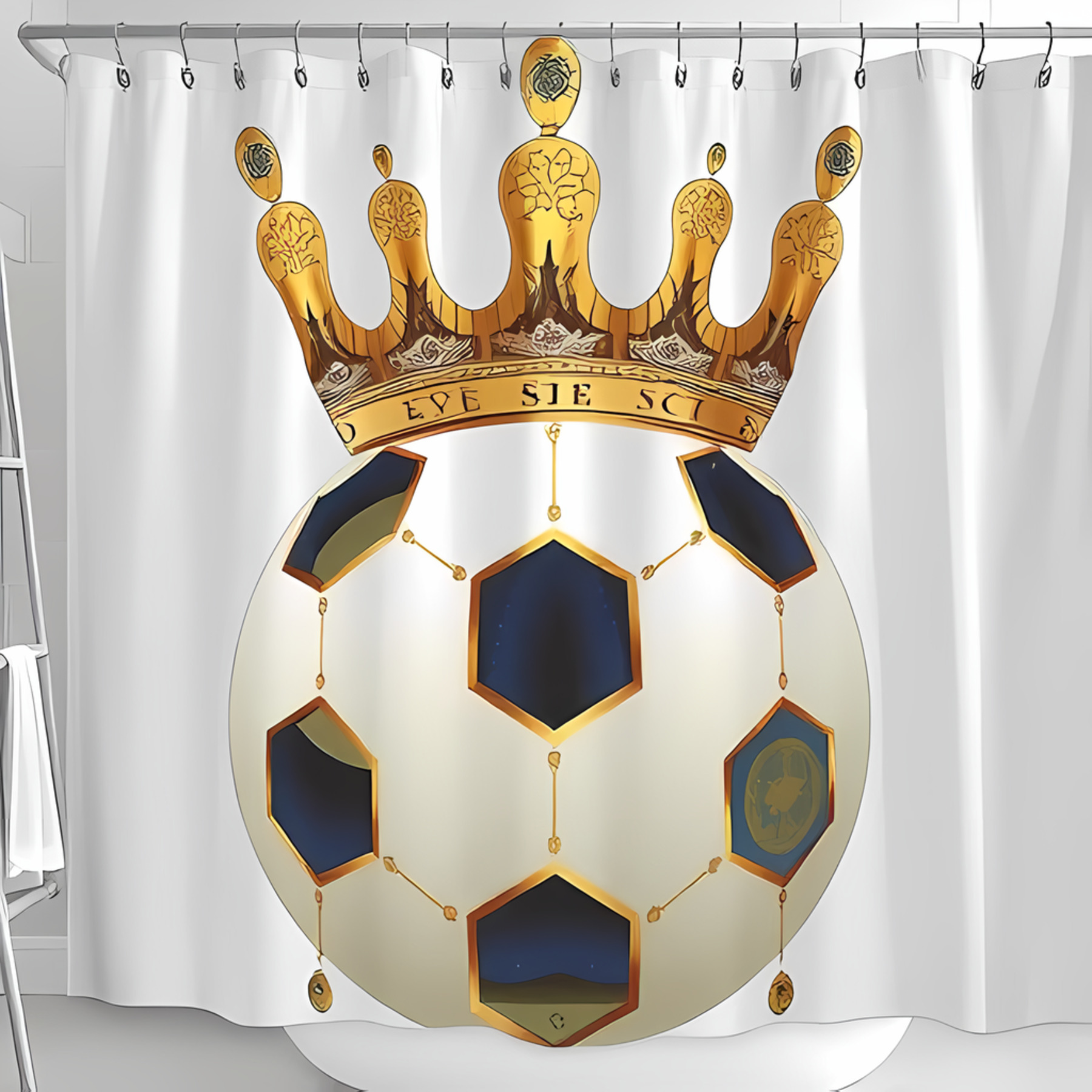 Soccer Ball Shower Curtain with Hexagonal Patterns & Golden Crown ...