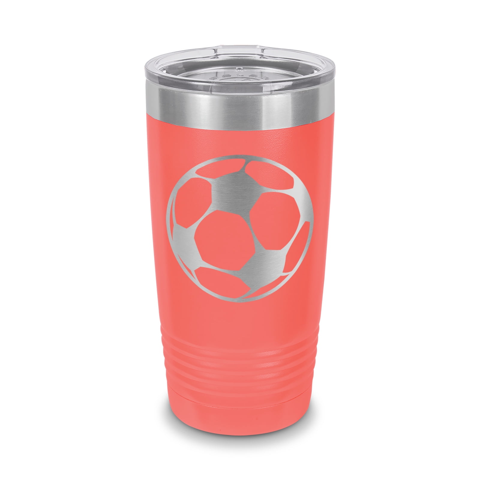 Soccer Ball Tumbler 20 oz - Laser Engraved w/ Clear Lid - Stainless ...