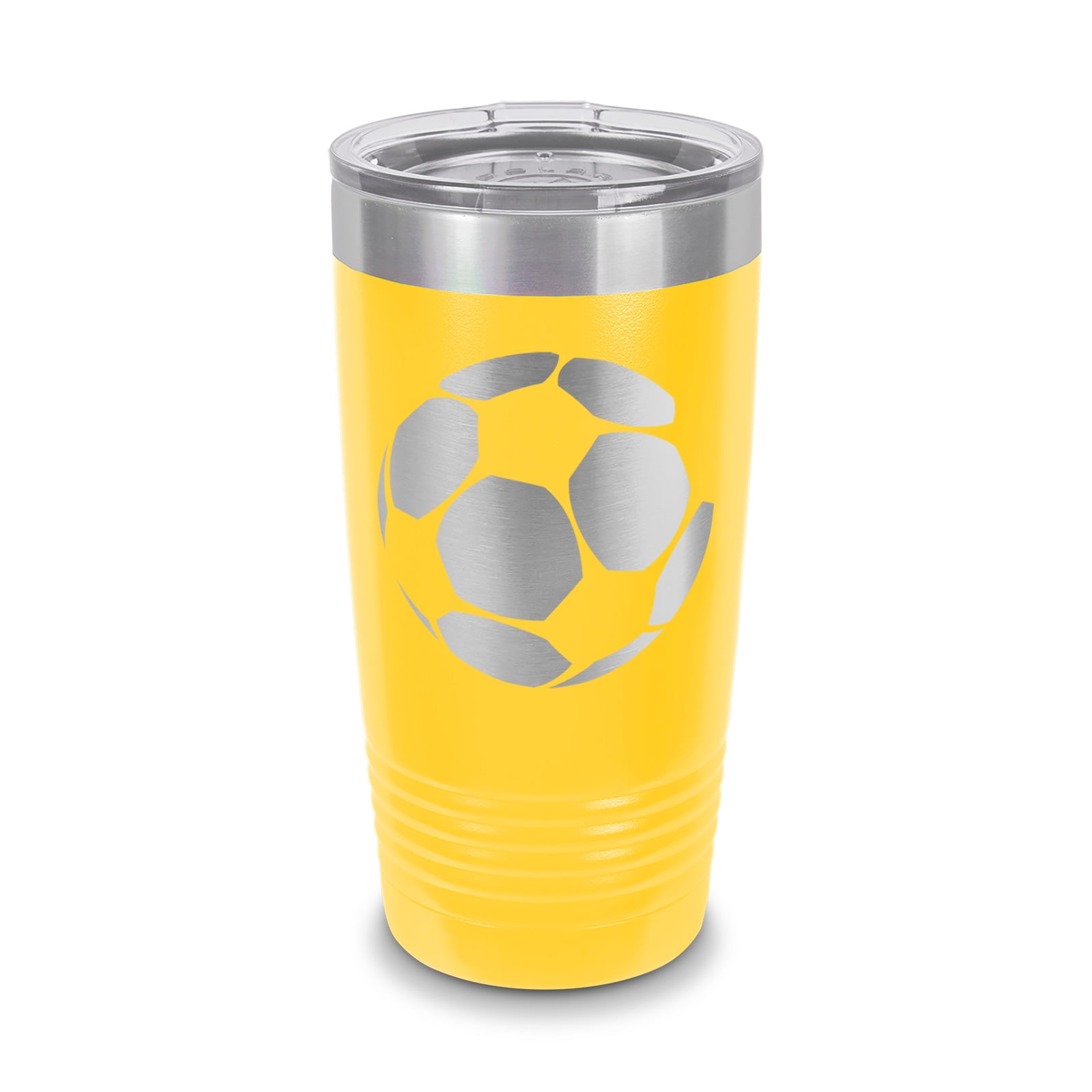 Soccer Ball Tumbler 20 oz - Laser Engraved w/ Clear Lid - Stainless ...