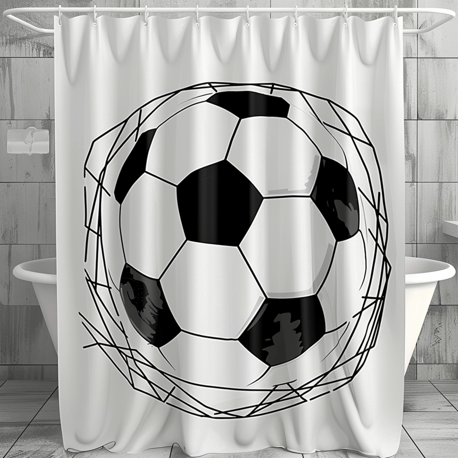 Soccer Ball and Net Kids Bathroom Shower Curtain White Background Black ...