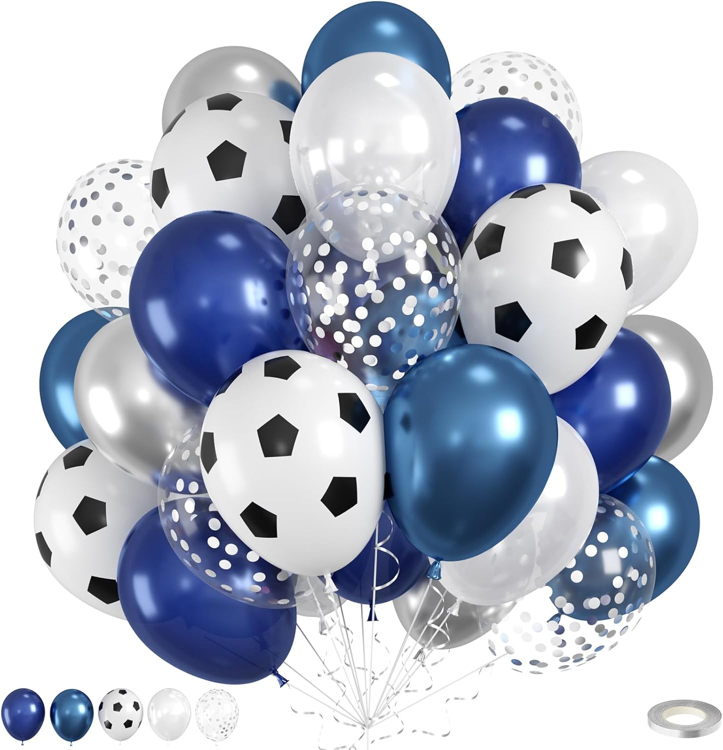 Soccer Balloons, 50pcs Metallic Blue Silver Balloons, White Pearl Navy ...